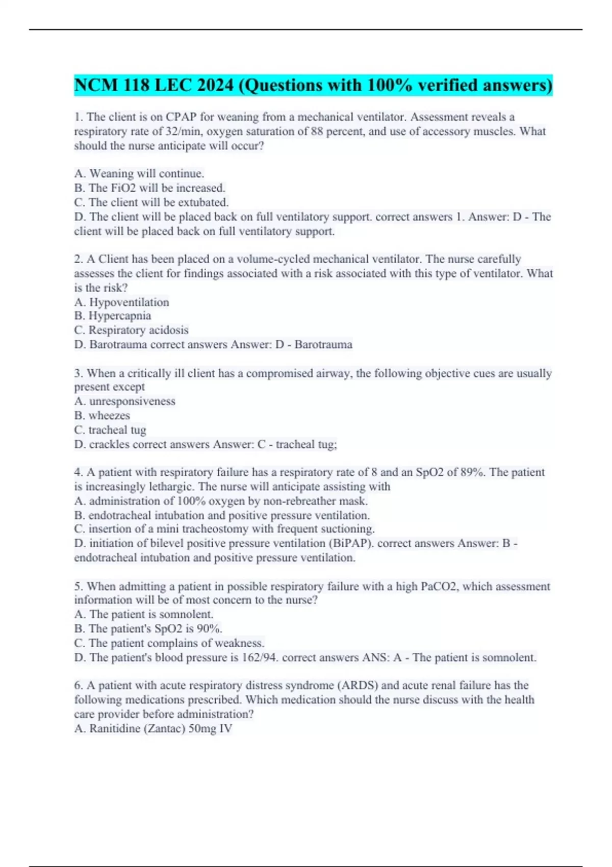 NCM 118 LEC 2024 (Questions with 100% verified answers) - NCM 118 LEC - Stuvia US