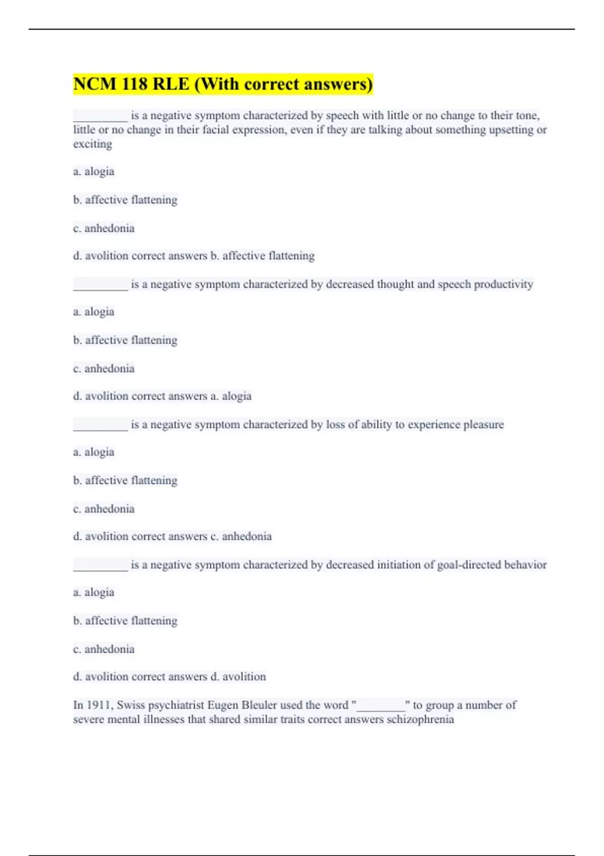 NCM 118 RLE (With correct answers) - NCM 118 RLE - Stuvia US