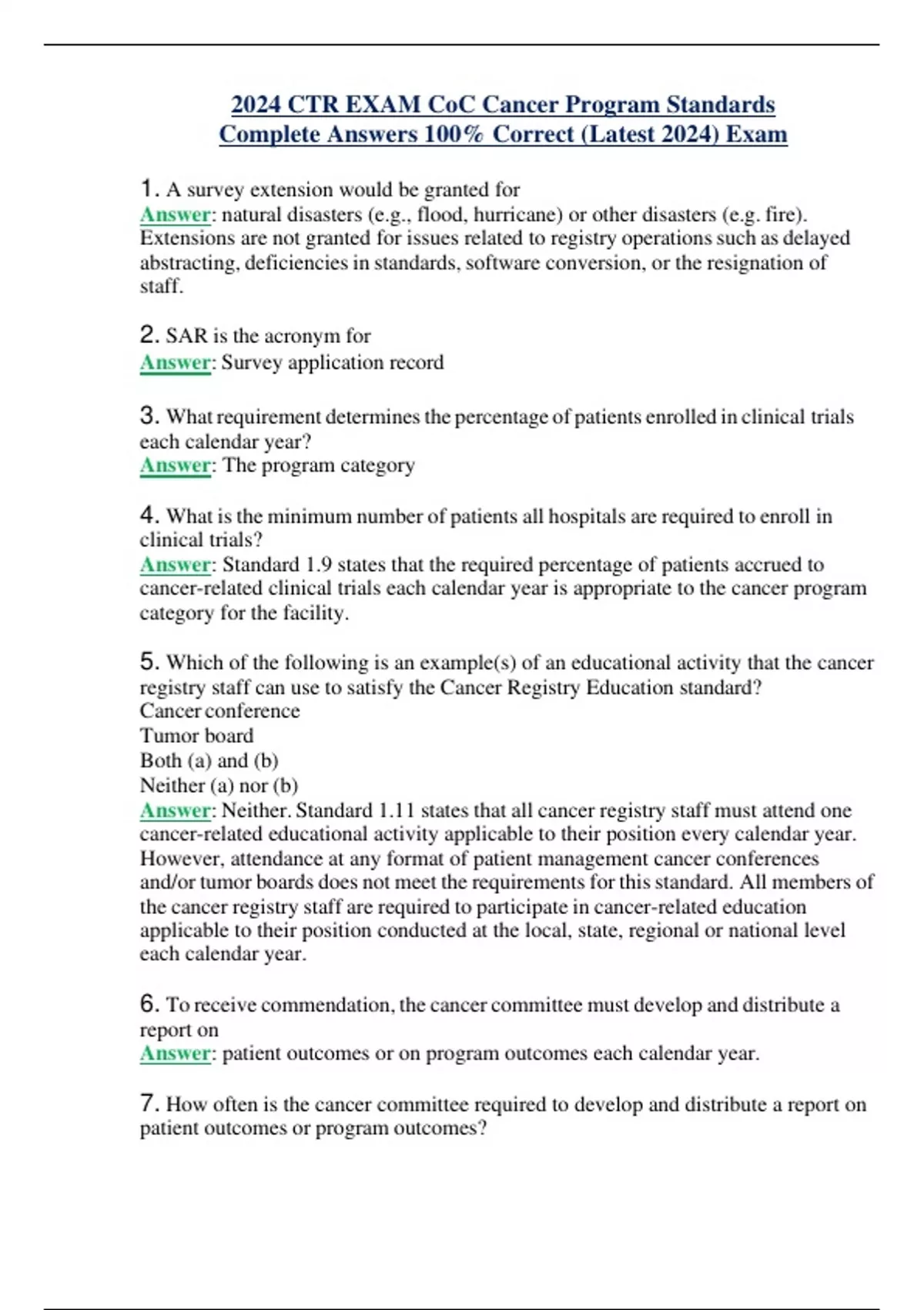 2024 CTR EXAM COC Cancer Program Standards Complete Answers 100% ...
