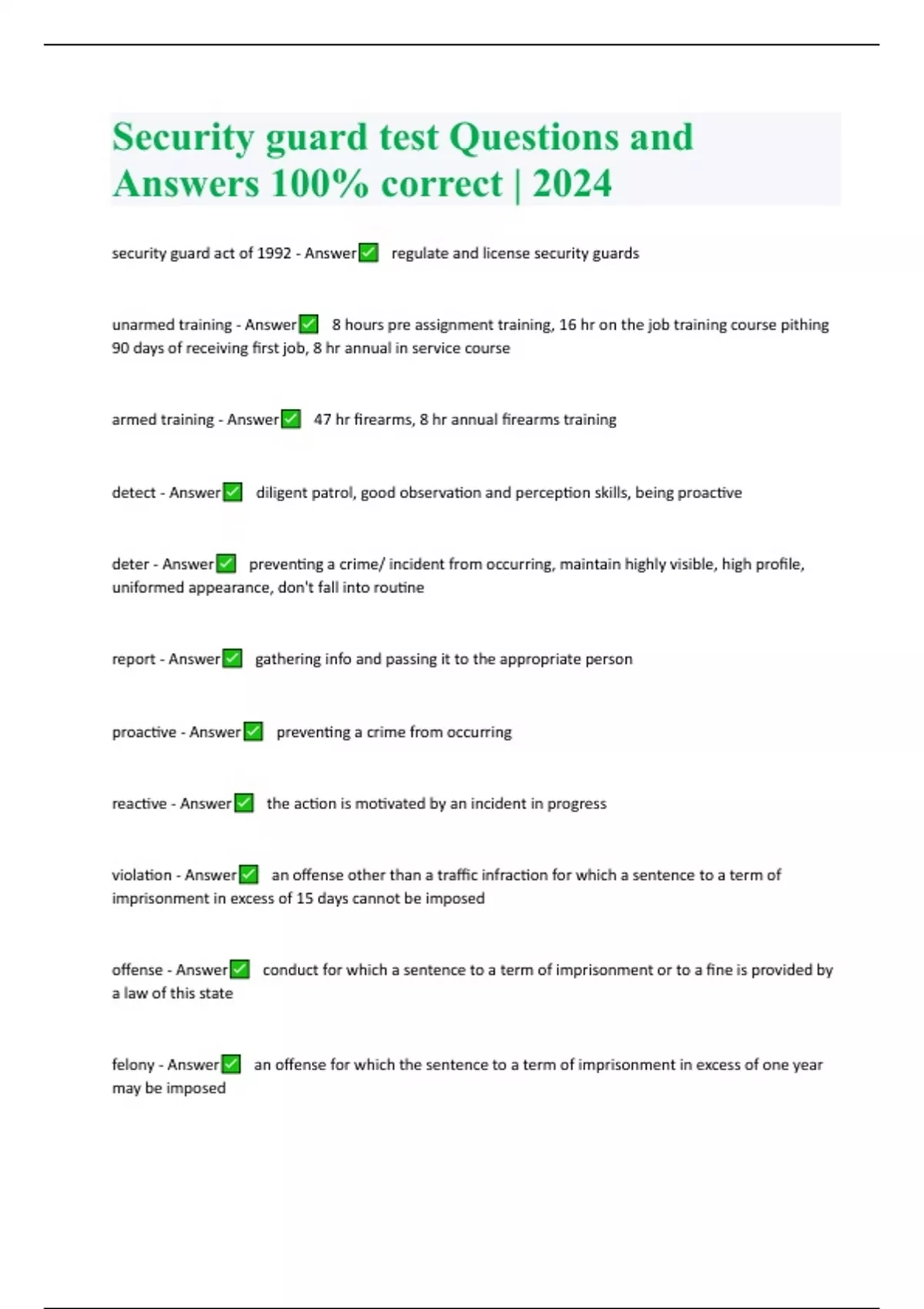 Security Guard Test Questions And Answers 100 Correct 2024 Security Guard Stuvia Us