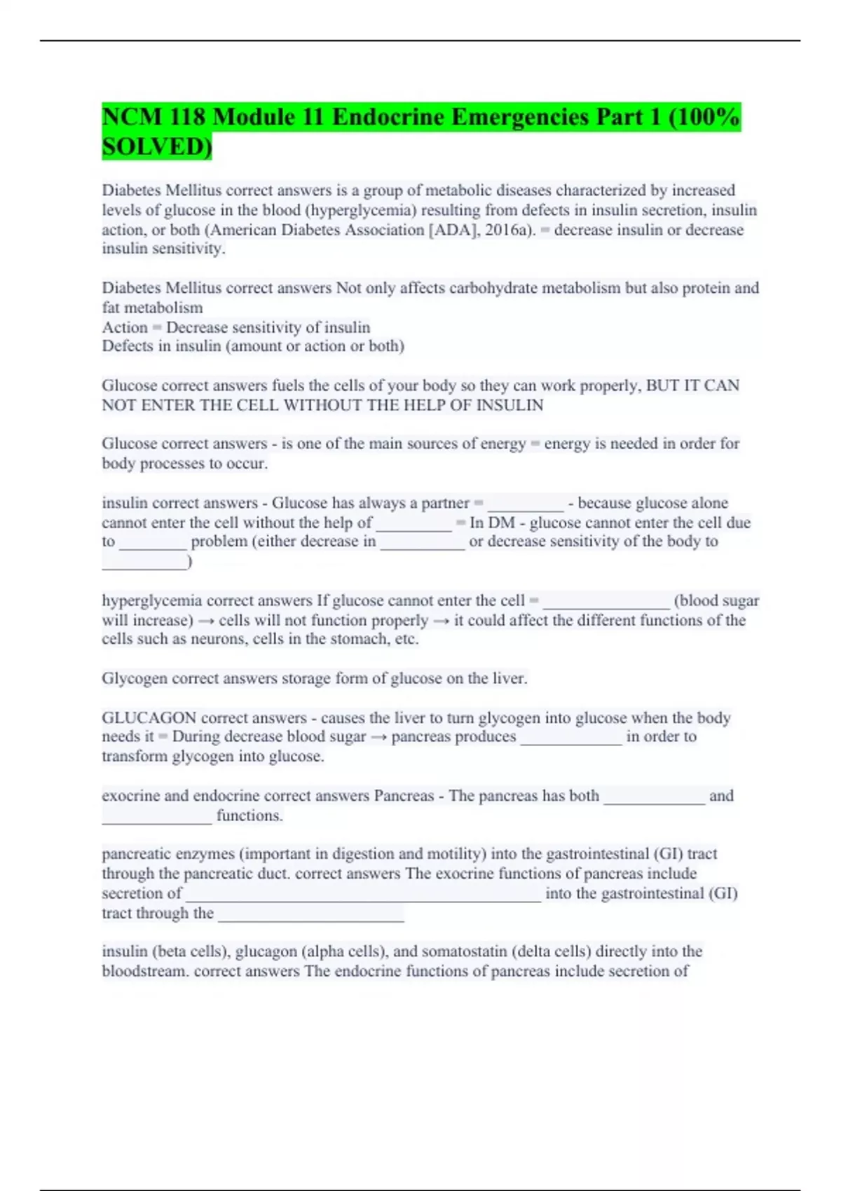 NCM 118 Module 11 Endocrine Emergencies Part 1 (100% SOLVED) - NCM 118 ...