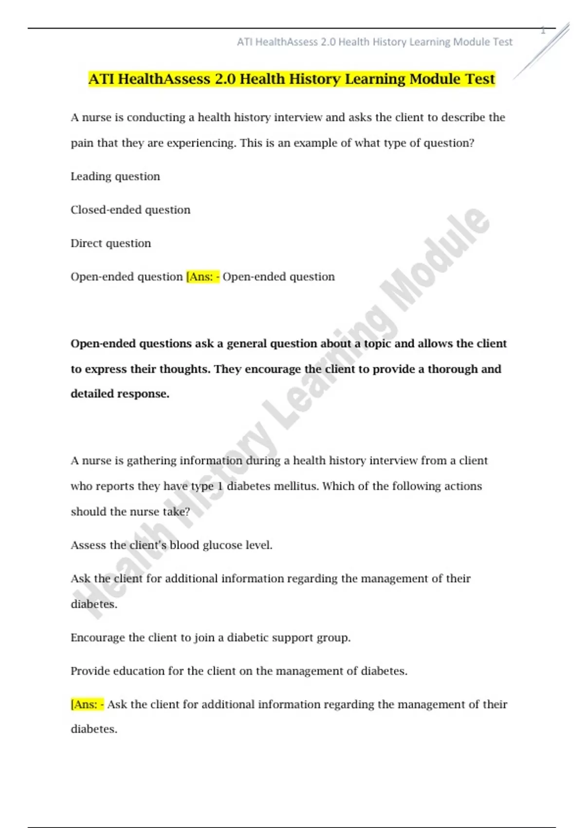 ATI HealthAssess 2.0 Health History Learning Module Test With Complete ...