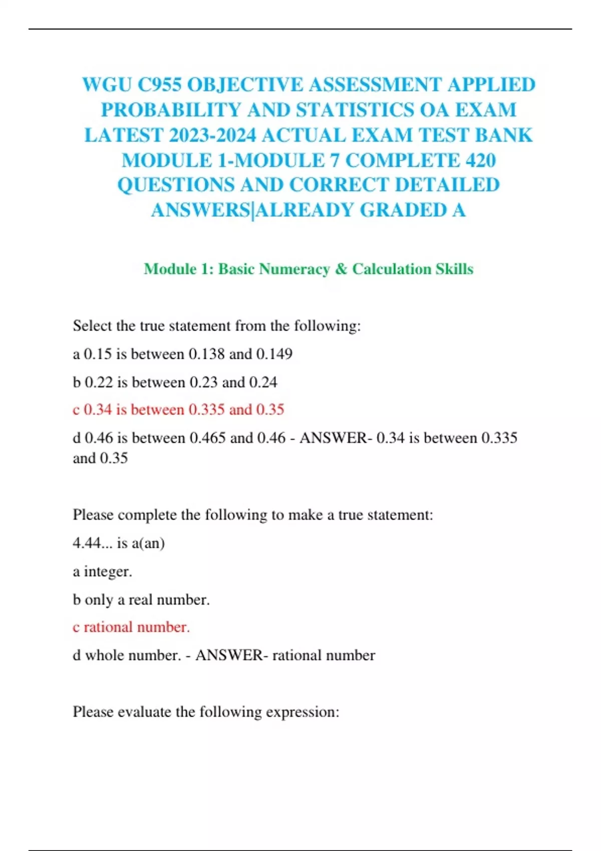 WGU C955 OBJECTIVE ASSESSMENT APPLIED PROBABILITY AND STATISTICS OA ...