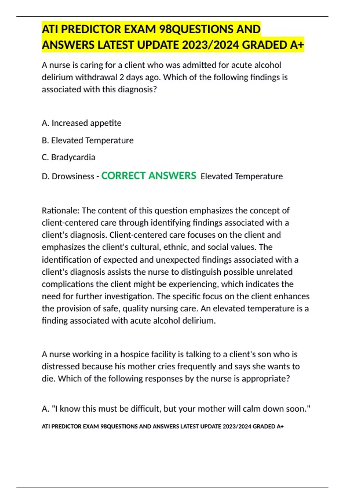 ATI PREDICTOR EXAM 98QUESTIONS AND ANSWERS LATEST UPDATE 2023/2024 ...