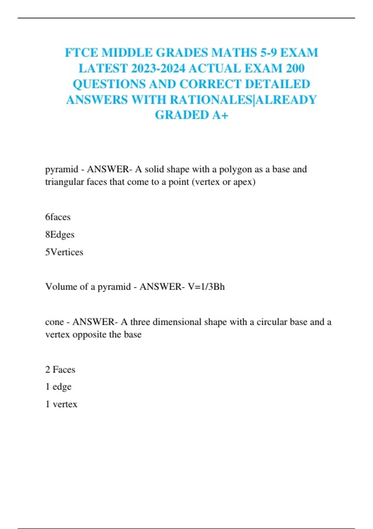 FTCE MIDDLE GRADES MATHS 5-9 EXAM LATEST ACTUAL EXAM 200 QUESTIONS AND ...