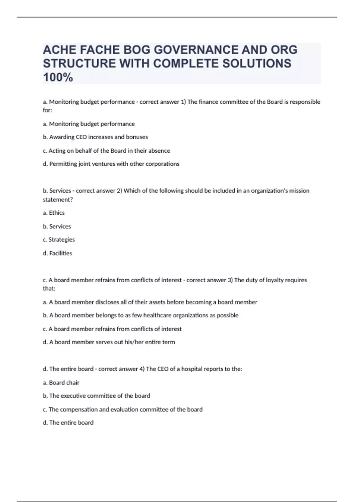 ACHE FACHE BOG GOVERNANCE AND ORG STRUCTURE WITH COMPLETE SOLUTIONS 100% - ACHE FACHE - Stuvia US