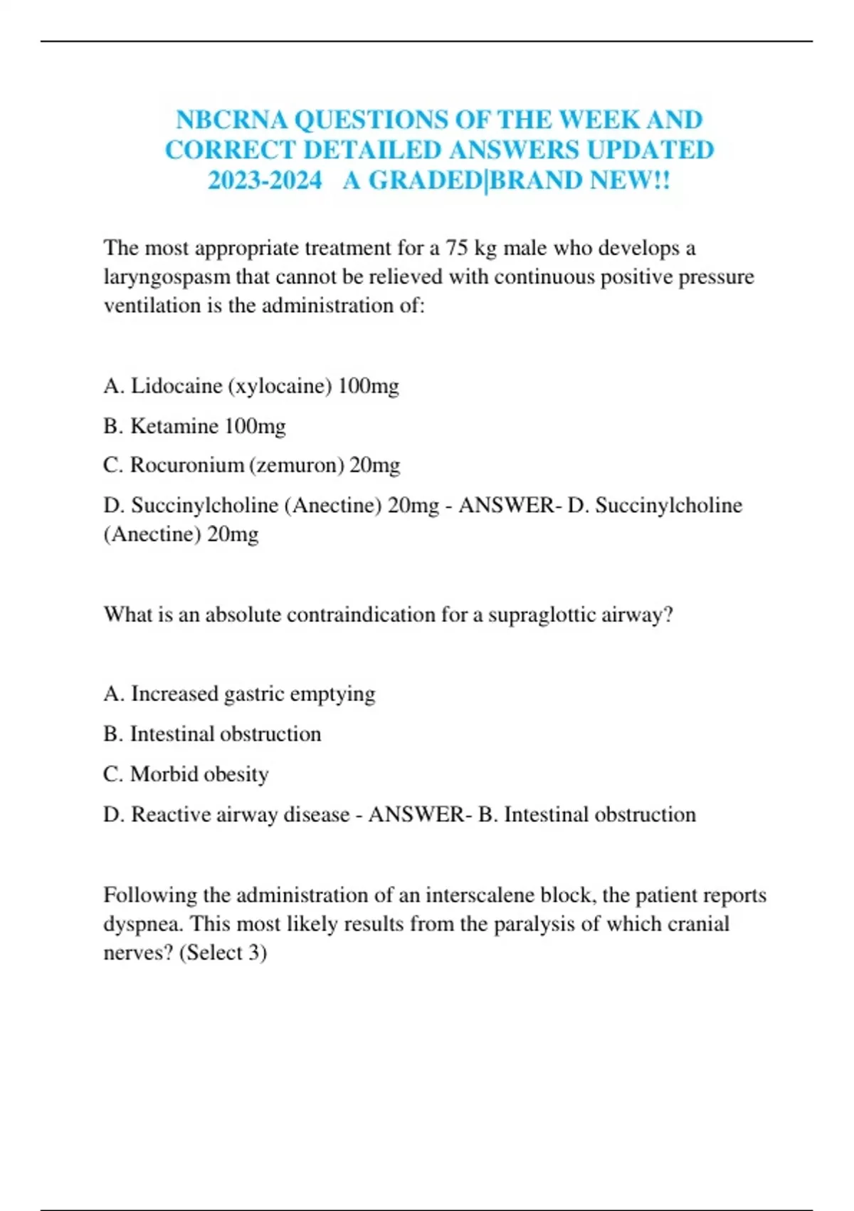 NBCRNA QUESTIONS OF THE WEEK AND CORRECT DETAILED ANSWERS UPDATED A ...