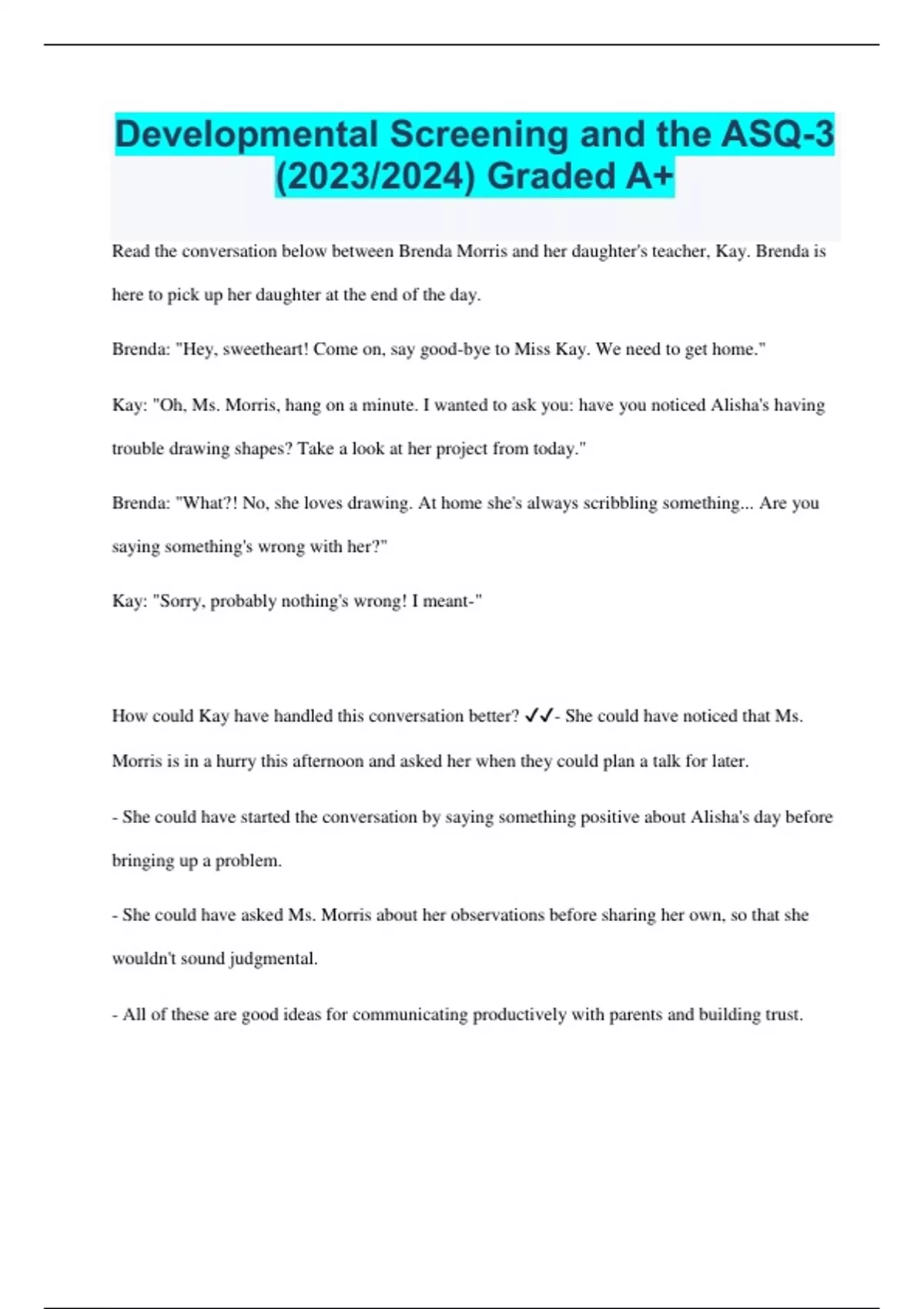 Developmental Screening and the ASQ-3 (2023/2024) Graded A+ ...