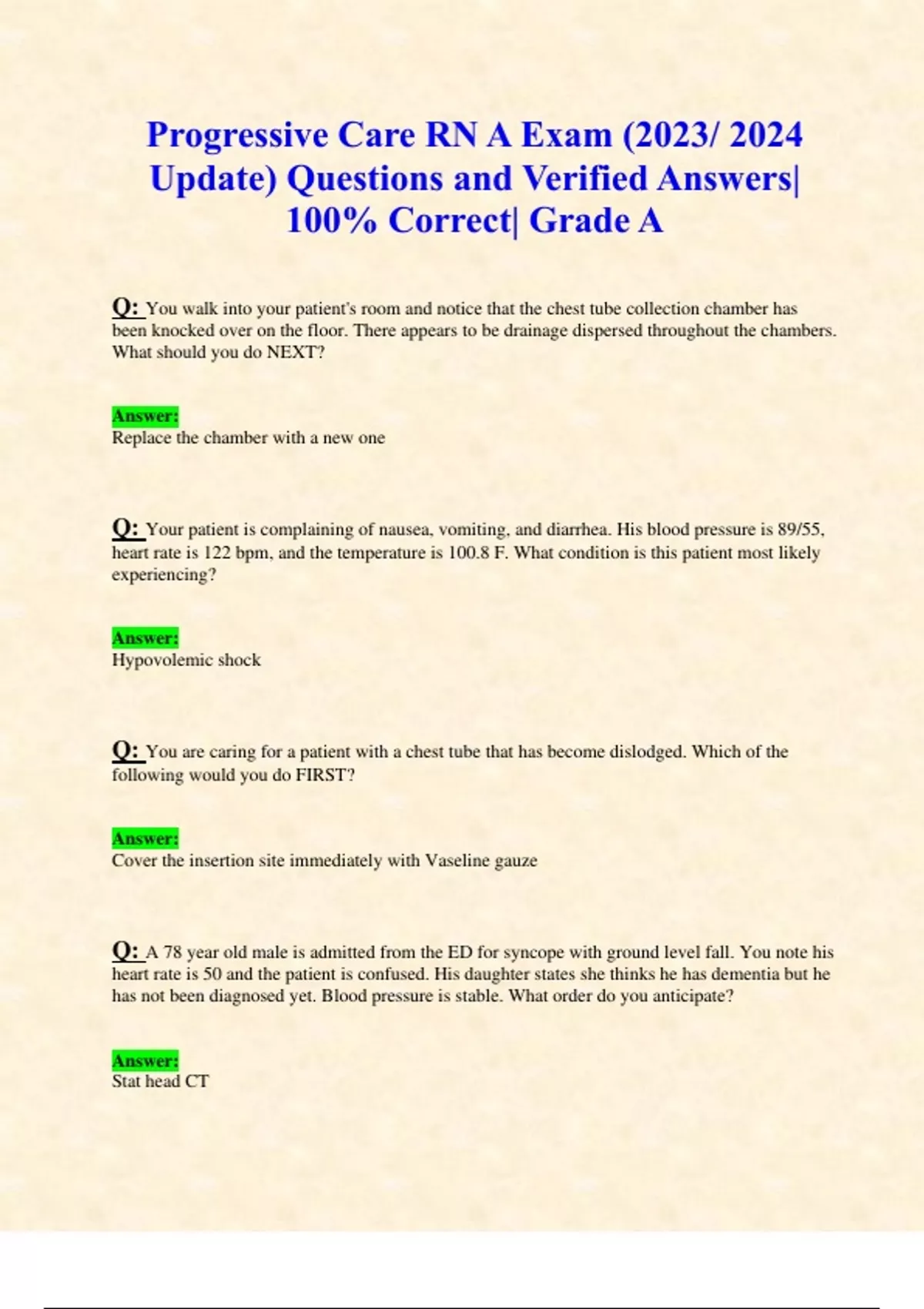 Progressive Care RN A Exam (2023/ 2024 Update) Questions and Verified ...