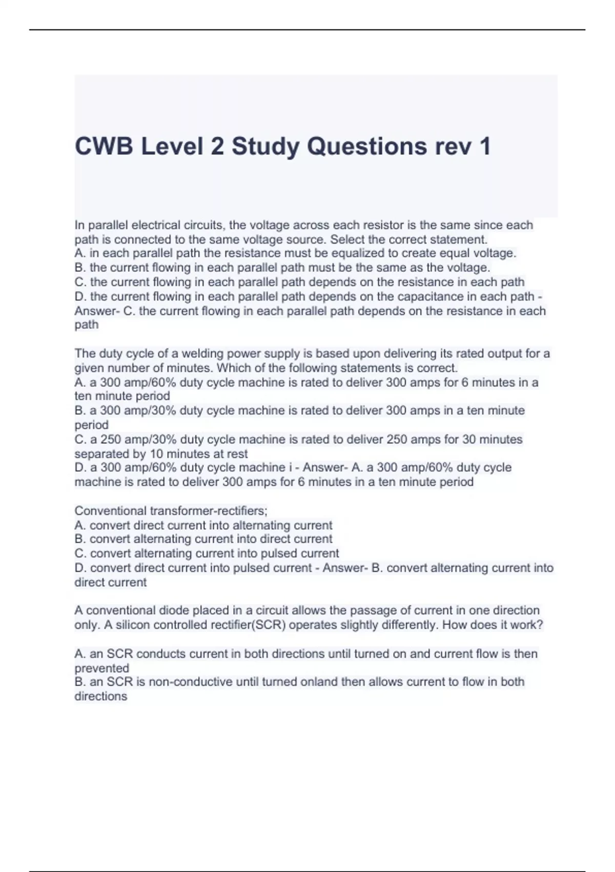 CWB Level 2 Study Questions rev 1 with correct Answers - CWB - Stuvia US