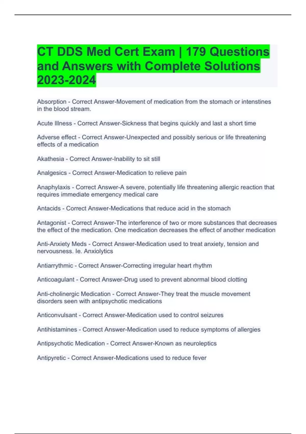 CT DDS Med Cert Exam | 179 Questions and Answers with Complete ...