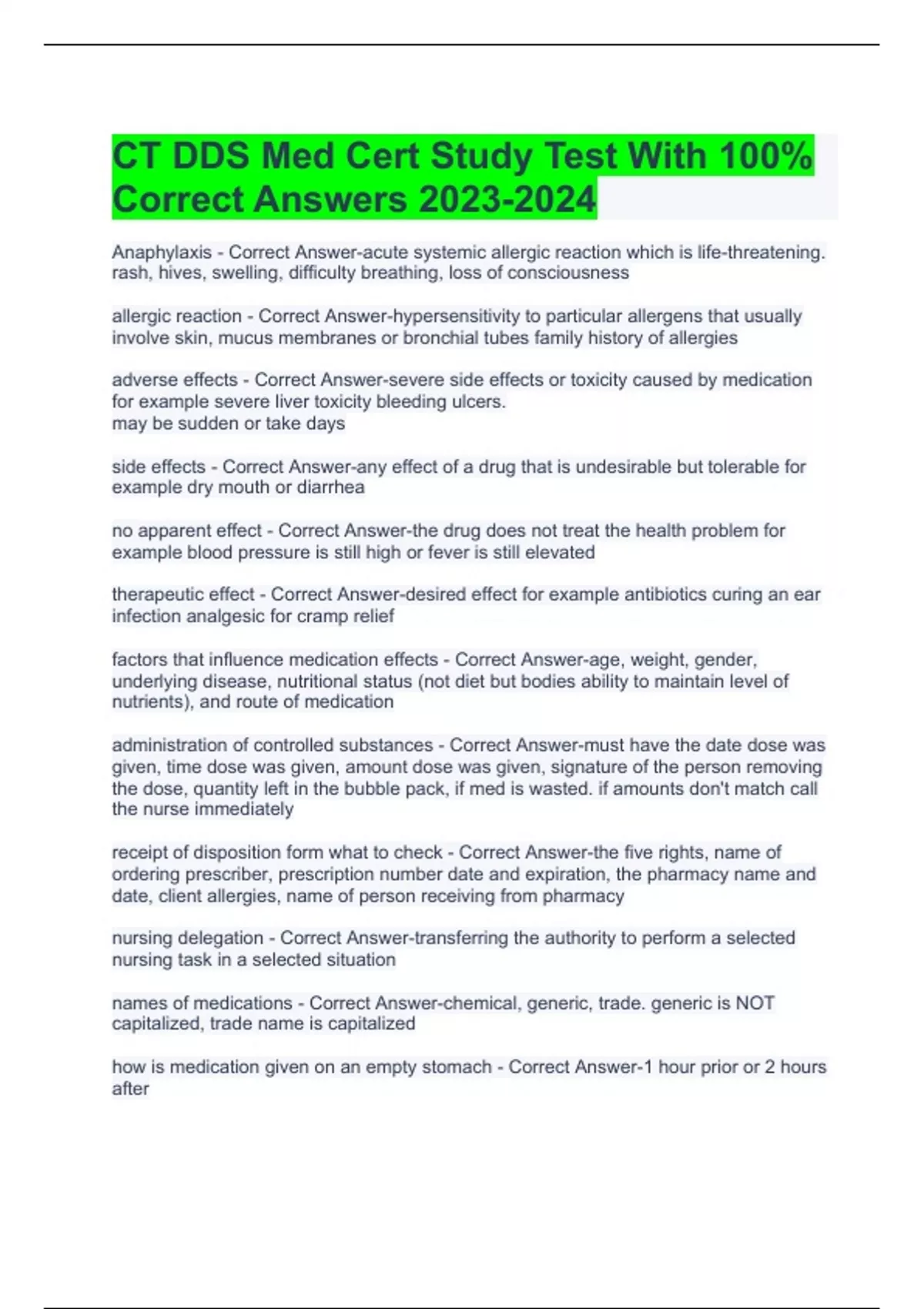 CT DDS Med Cert Study Test With 100% Correct Answers - CT DDS - Stuvia US
