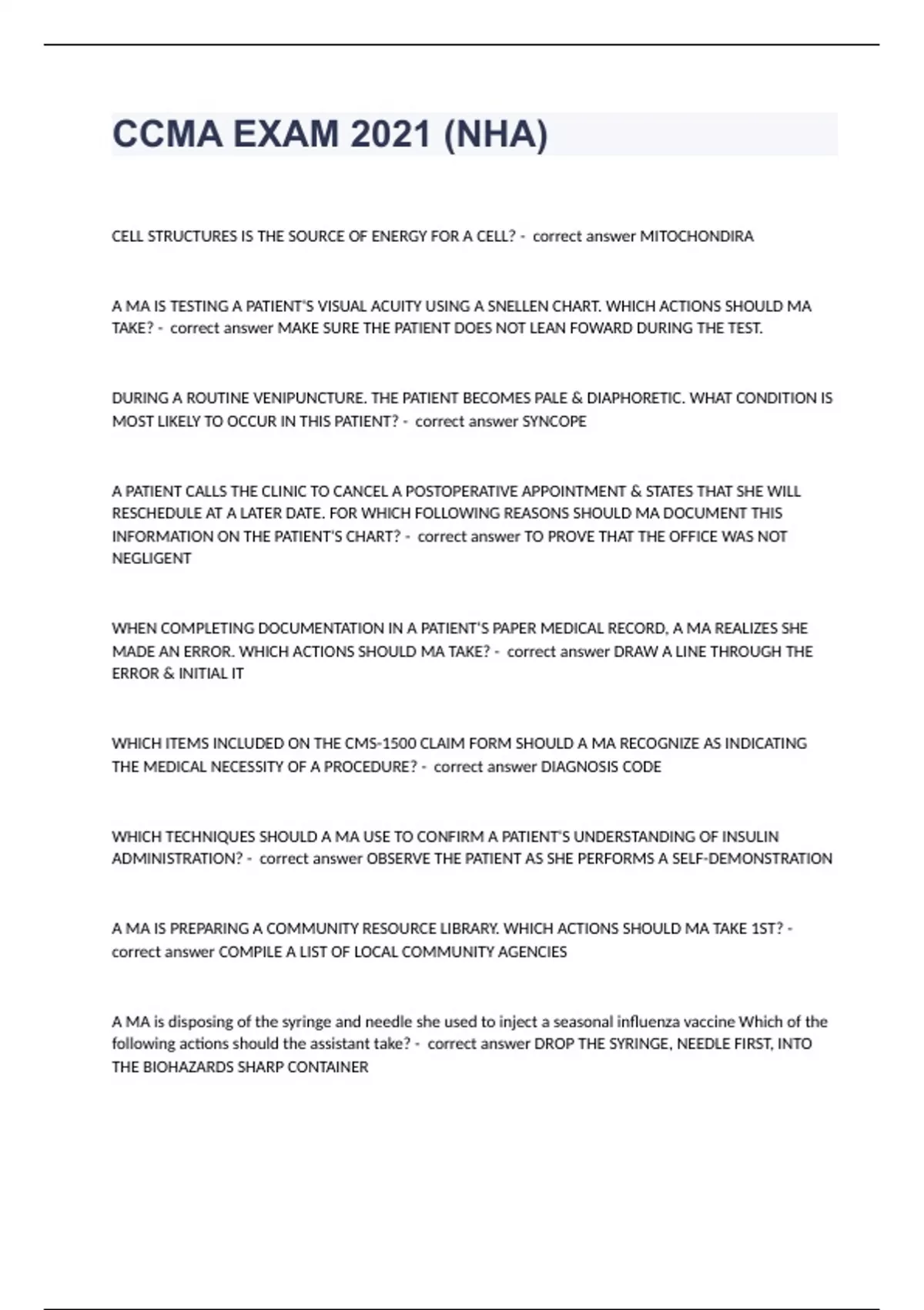 CCMA EXAM 2021 (NHA) Question and answers correctly solved 2023/2024 ...