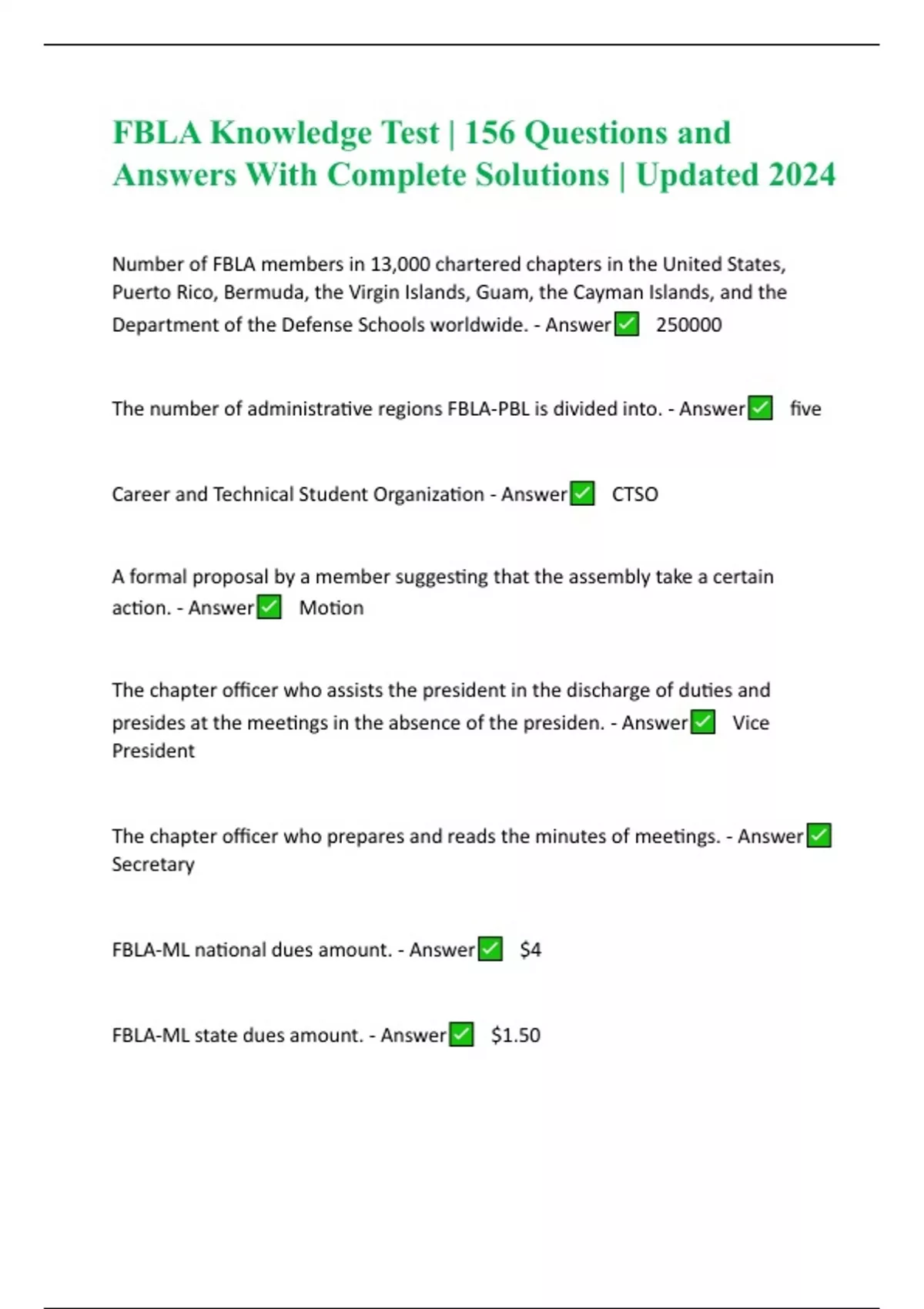 FBLA Knowledge Test | 156 Questions and Answers With Complete Solutions ...