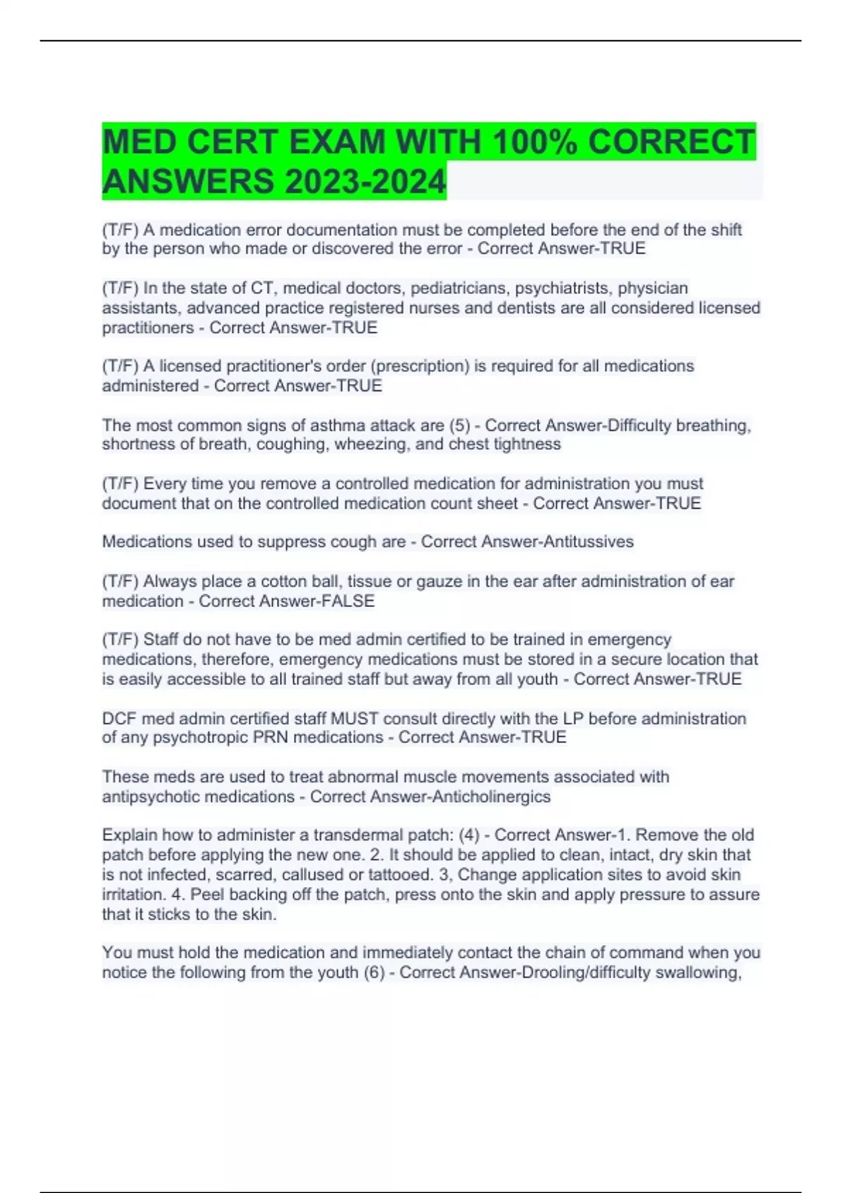 MED CERT EXAM WITH 100% CORRECT ANSWERS - MED - Stuvia US