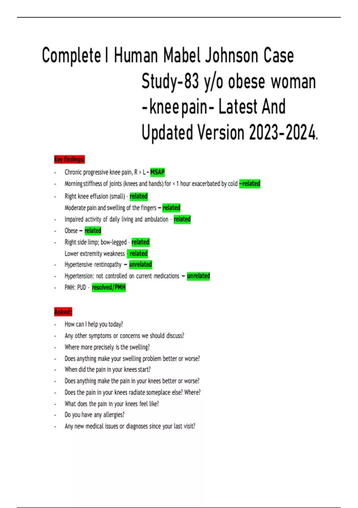 Complete I Human Mabel Johnson Case Study-83 y/o obese woman -kneepain ...