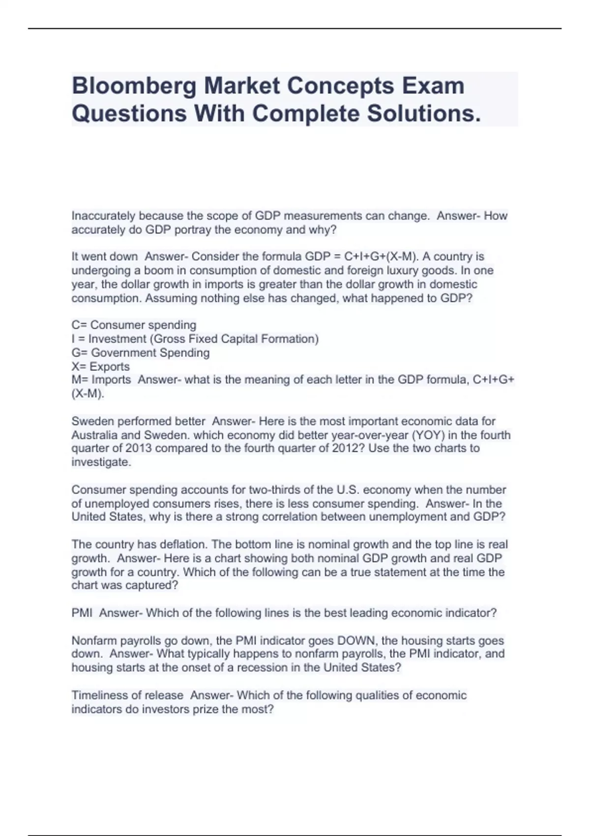 Bloomberg Market Concepts Exam Questions With Complete Solutions ...