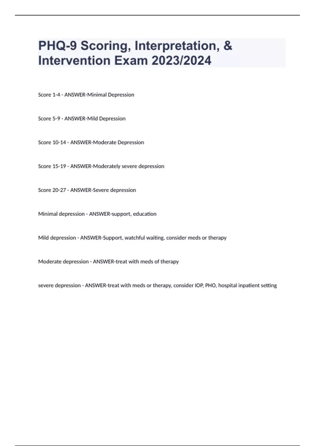 Phq 9 Scoring Interpretation And Intervention Exam 2023 2024 Phq 9 Scoring Interpretation