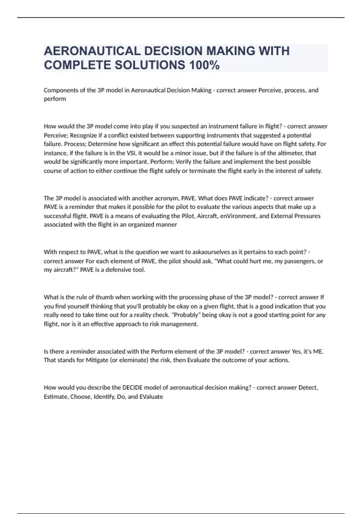 AERONAUTICAL DECISION MAKING WITH COMPLETE SOLUTIONS 100% - 3p - Stuvia US