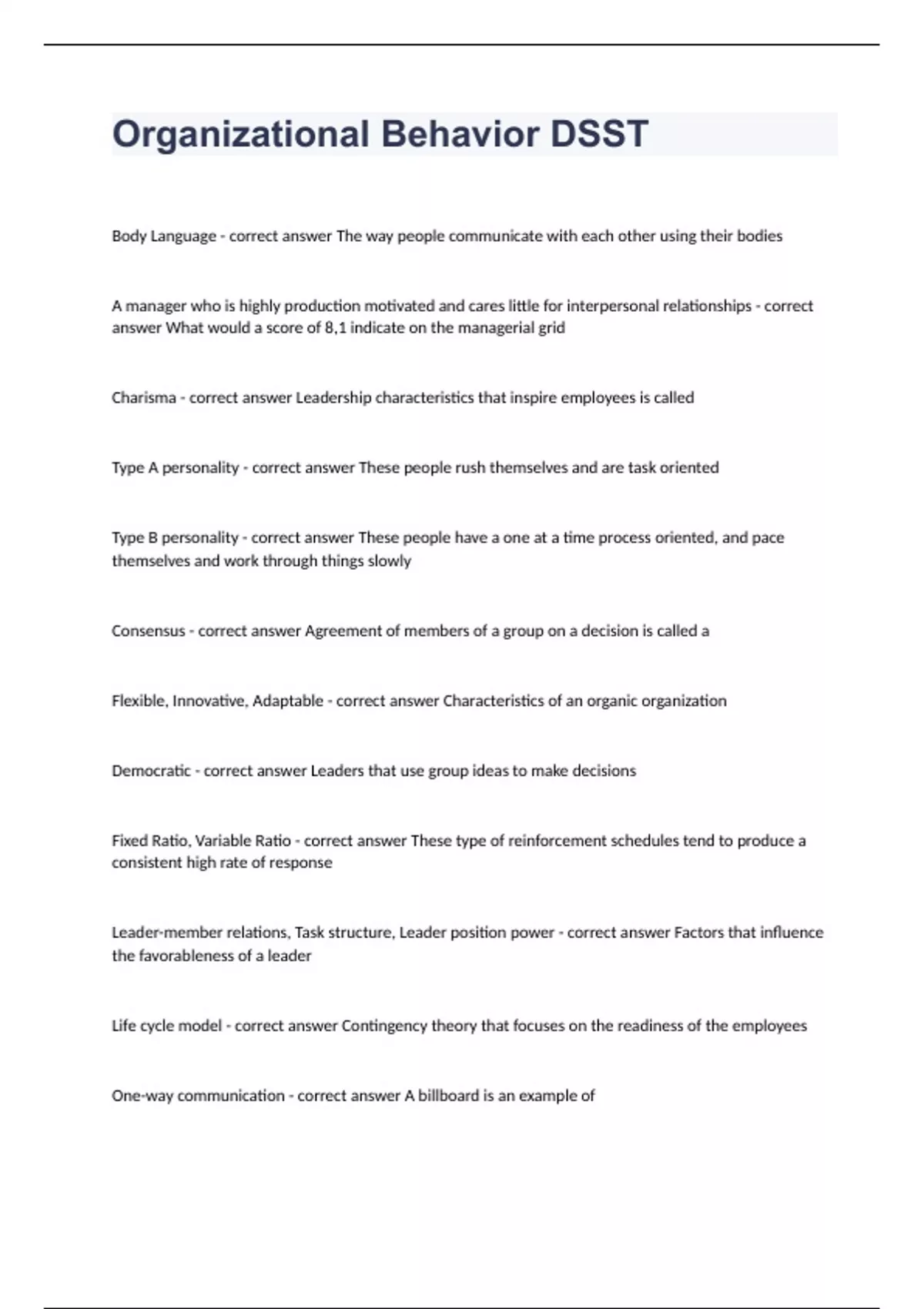 Organizational Behavior DSST Question and answers correctly solved 2023 ...