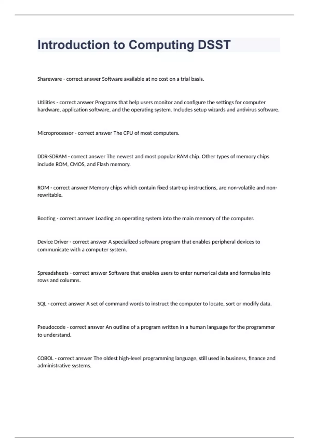 Introduction to Computing DSST Questions with complete solution 2023/ ...