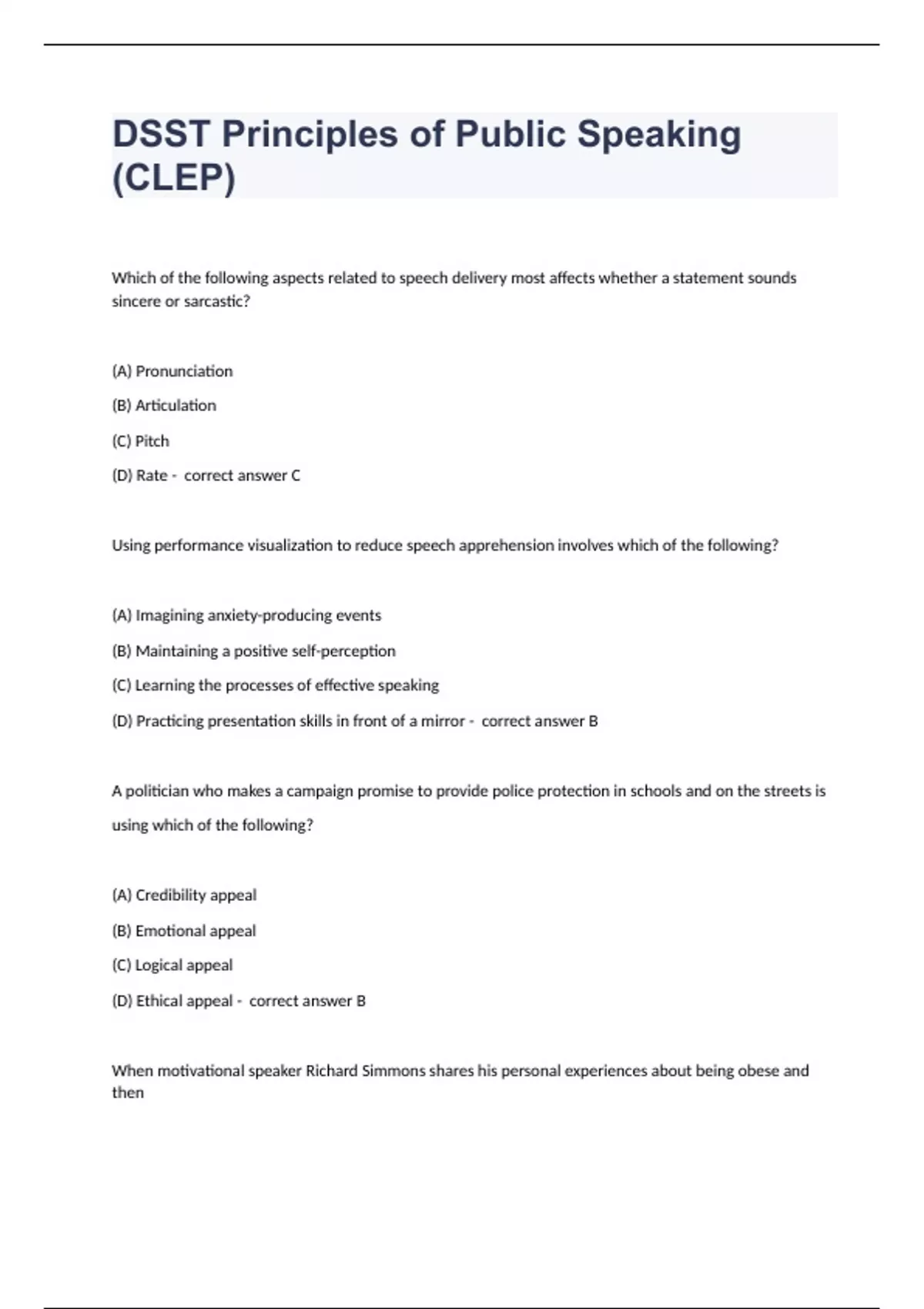 DSST Principles of Public Speaking (CLEP) Question and answers 100% ...