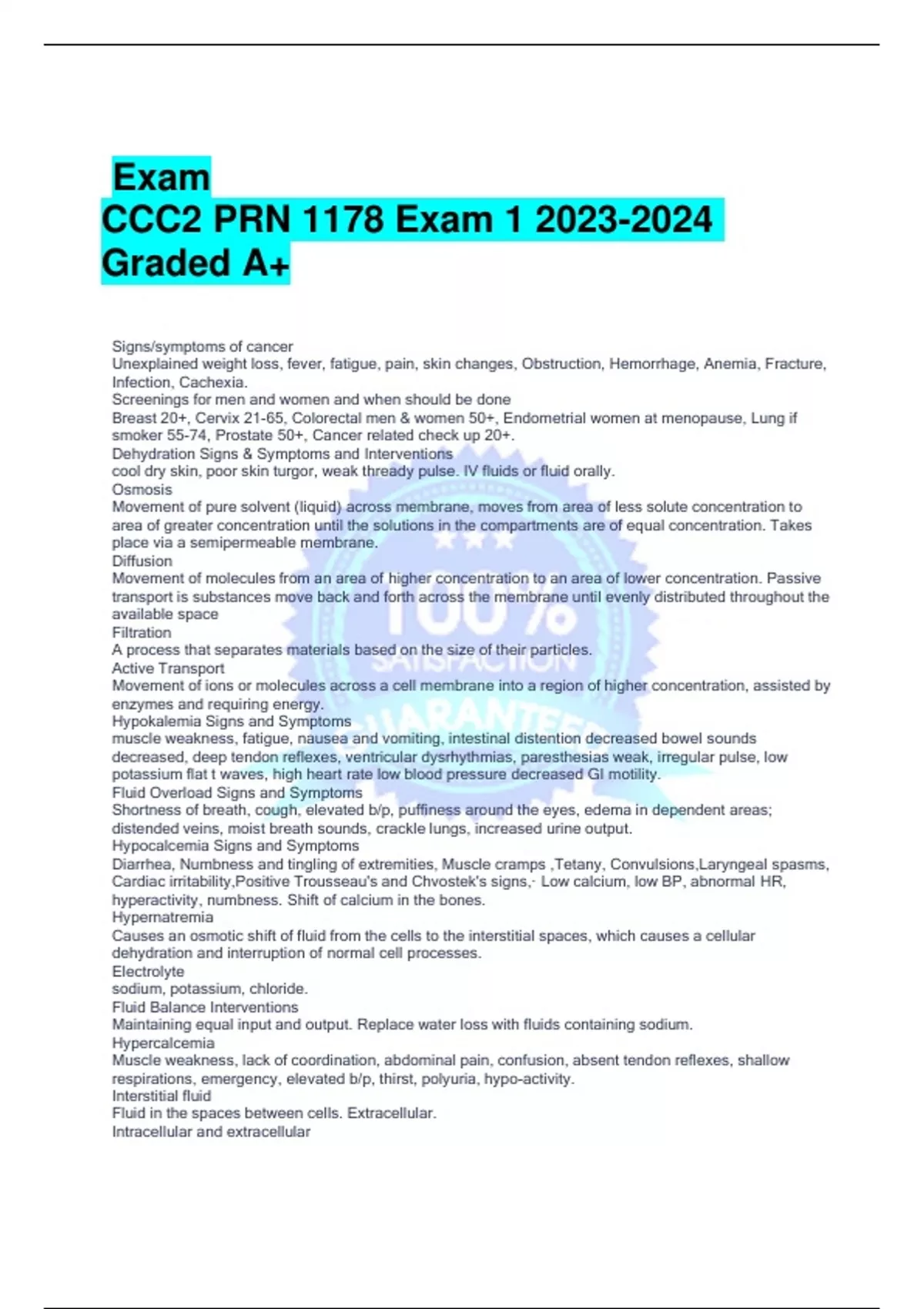 Exam CCC2 PRN 1178 Exam Graded A+ Signs/symptoms of cancer Unexplained weight loss, fever ...