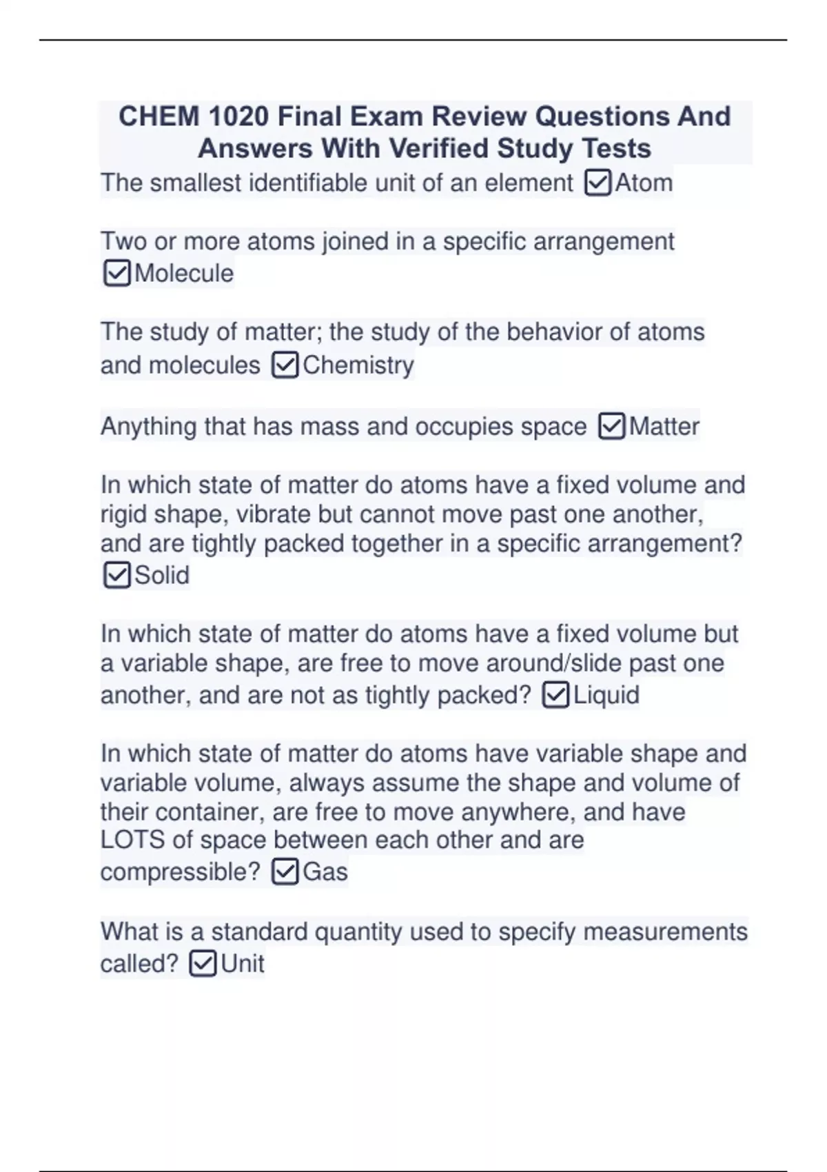 CHEM 1020 Final Exam Review Questions And Answers With Verified Study ...