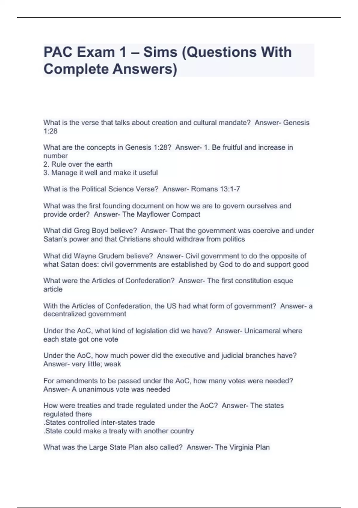 PAC Exam 1 – Sims (Questions With Complete Answers) - PAC - Stuvia US