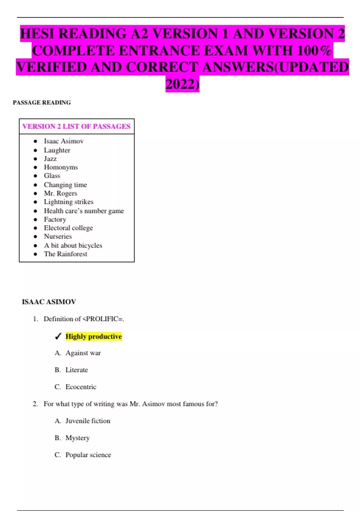 HESI READING A2 VERSION 1 AND VERSION 2 COMPLETE ENTRANCE EXAM WITH 100 ...