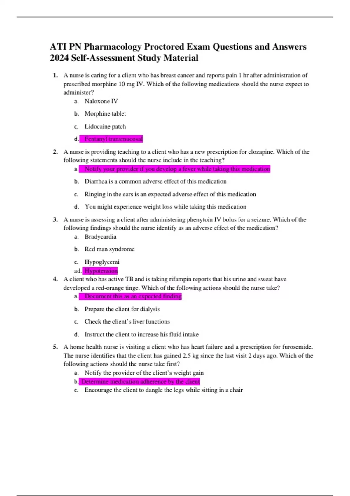 ATI PN Pharmacology Proctored Exam Questions and Answers 2024 Self ...