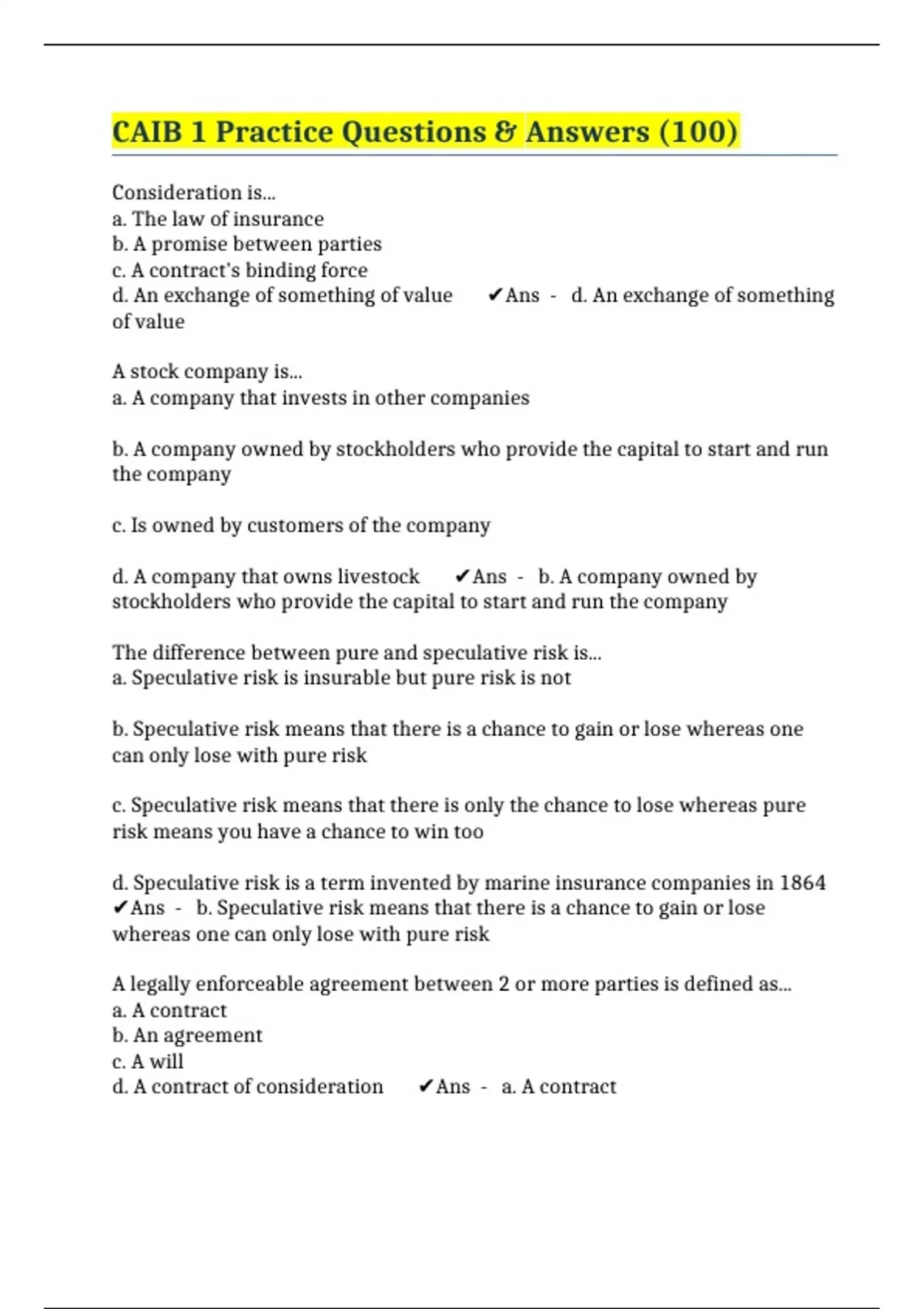 CAIB 1 Practice Questions & Answers (100) - CAIB 1 - Stuvia US