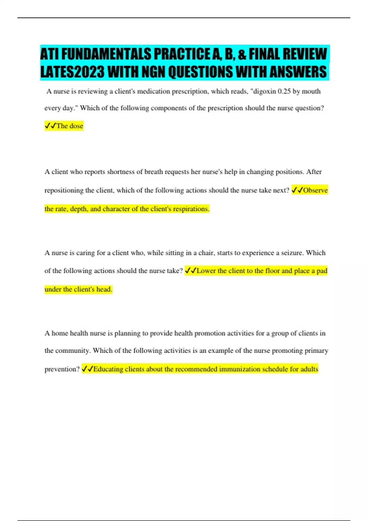 ATI FUNDAMENTALS PRACTICE A, B, & FINAL REVIEW LATEST 2023 WITH NGN ...