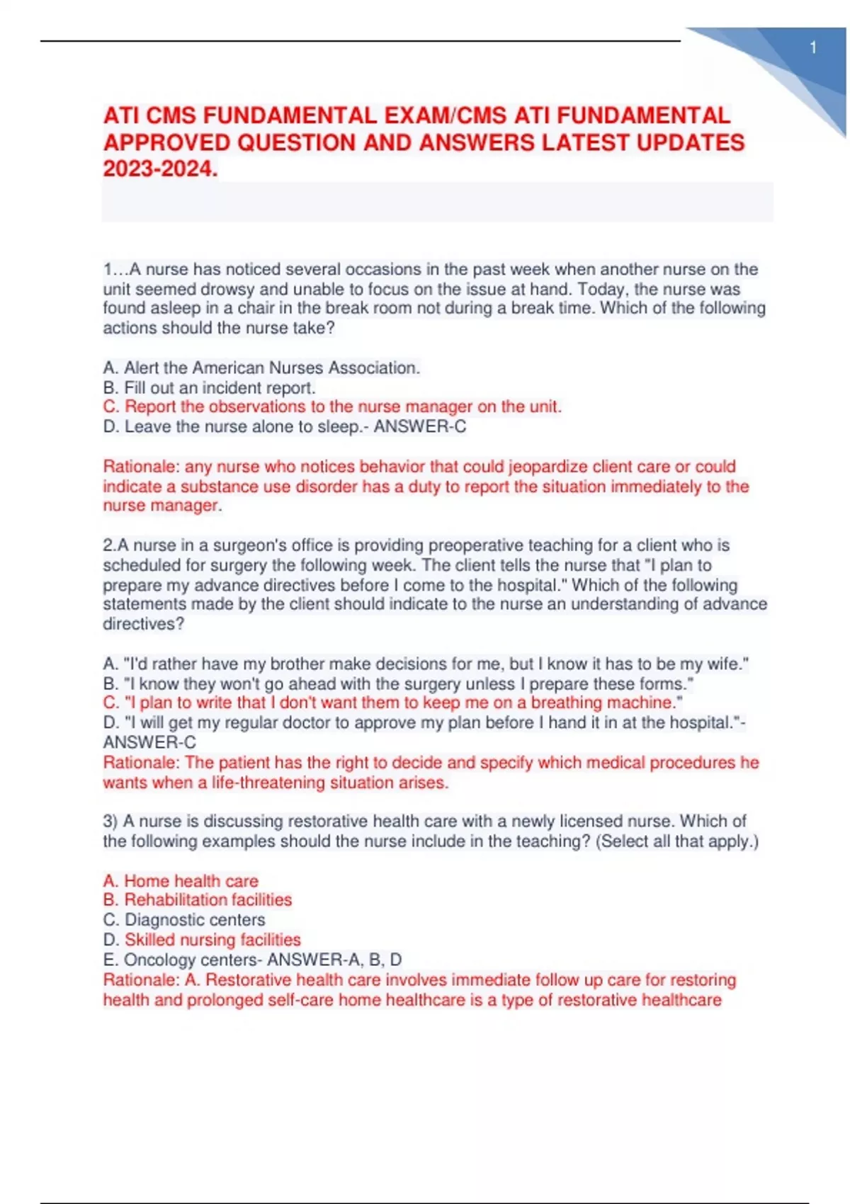 ATI CMS FUNDAMENTAL EXAM/CMS ATI FUNDAMENTAL APPROVED QUESTION AND ...