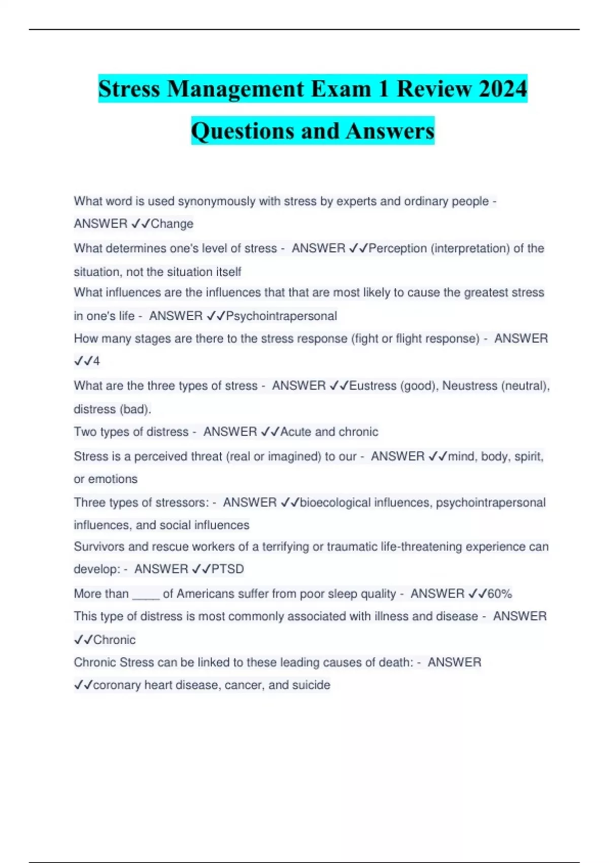 Stress Management Exam 1 Review 2024 Questions and Answers - Stress ...