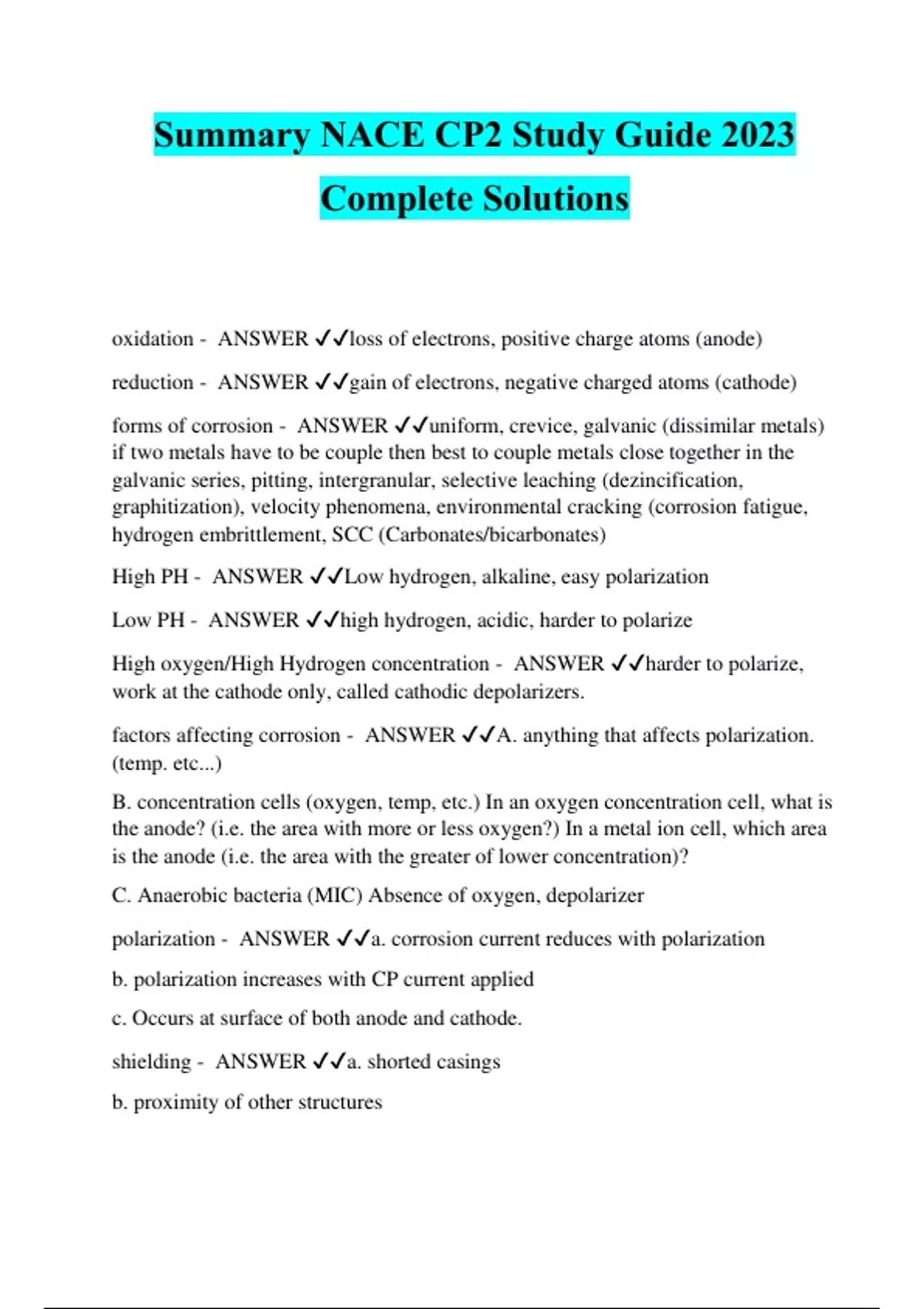 Summary NACE CP2 Study Guide 2023 Complete Solutions - NACE CP2 - Stuvia US