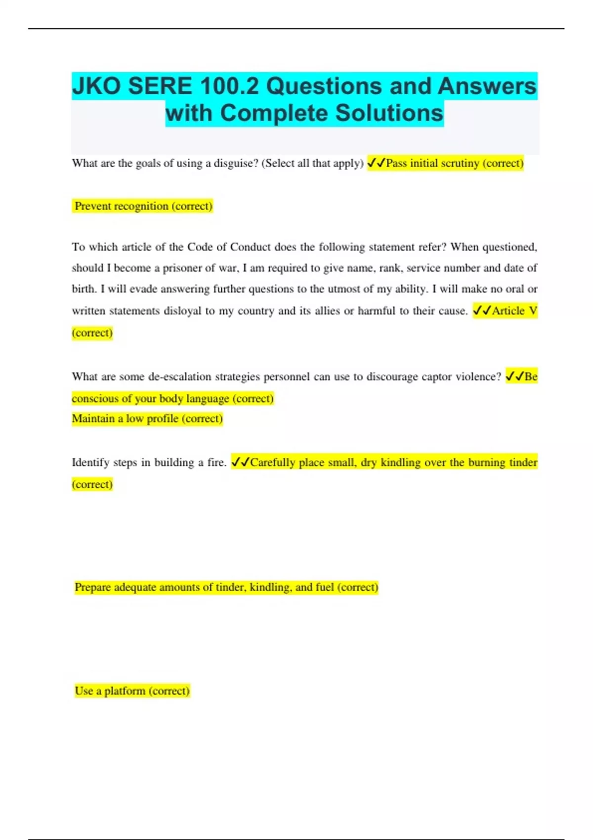 JKO SERE 100.2 Questions and Answers with Complete Solutions - SERE - Stuvia US