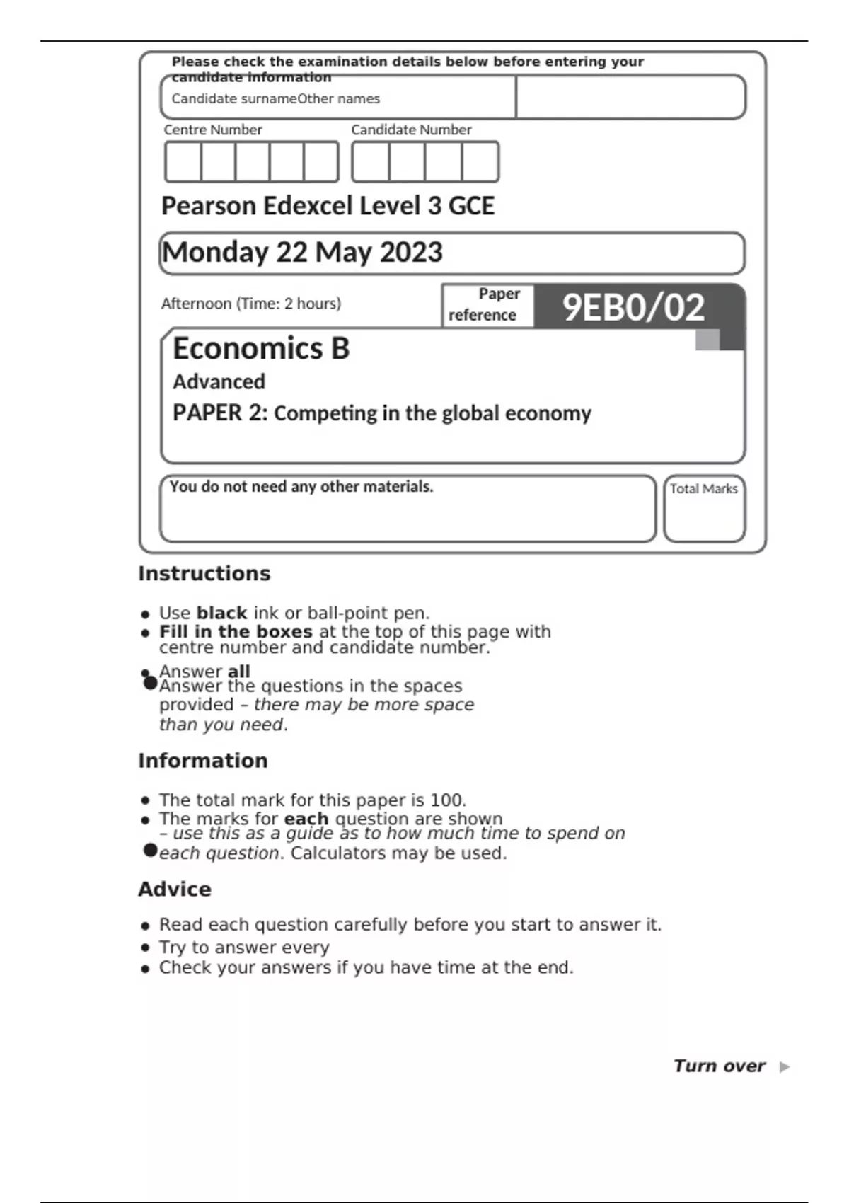 Pearson Edexcel Level 3 GCE Advanced PAPER 2 Competing in the global ...