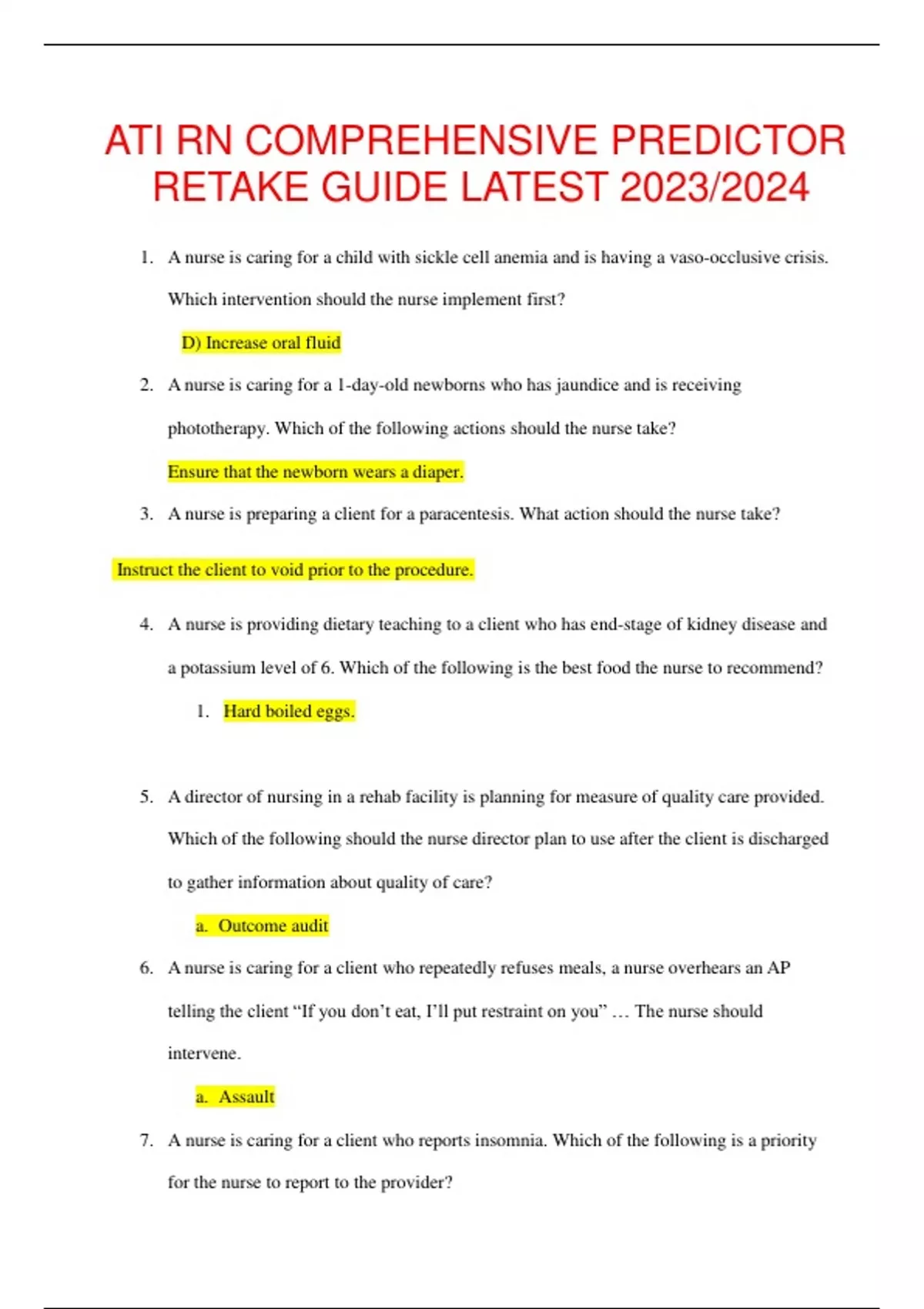 ATI RN COMPREHENSIVE PREDICTOR RETAKE GUIDE LATEST 2023/2024 - Nursing ...