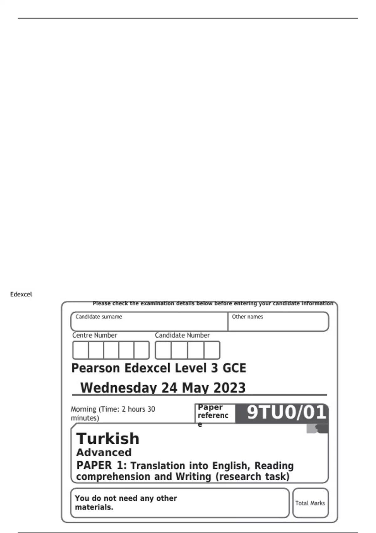 Pearson Edexcel Level 3 GCE Turkish Advanced PAPER 1 JUNE 2023 QUESTION ...