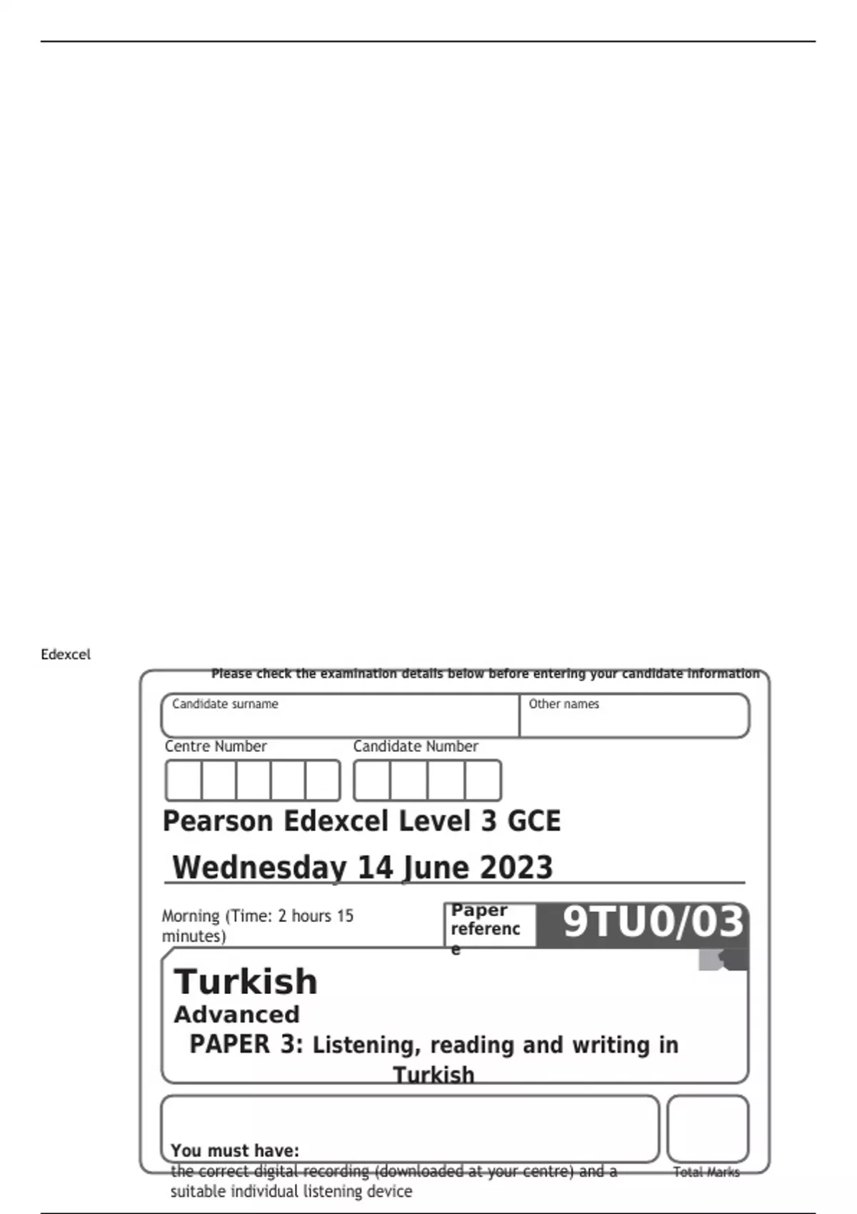 Pearson Edexcel Level 3 GCE Turkish Advanced PAPER 3 JUNE 2023 QUESTION ...