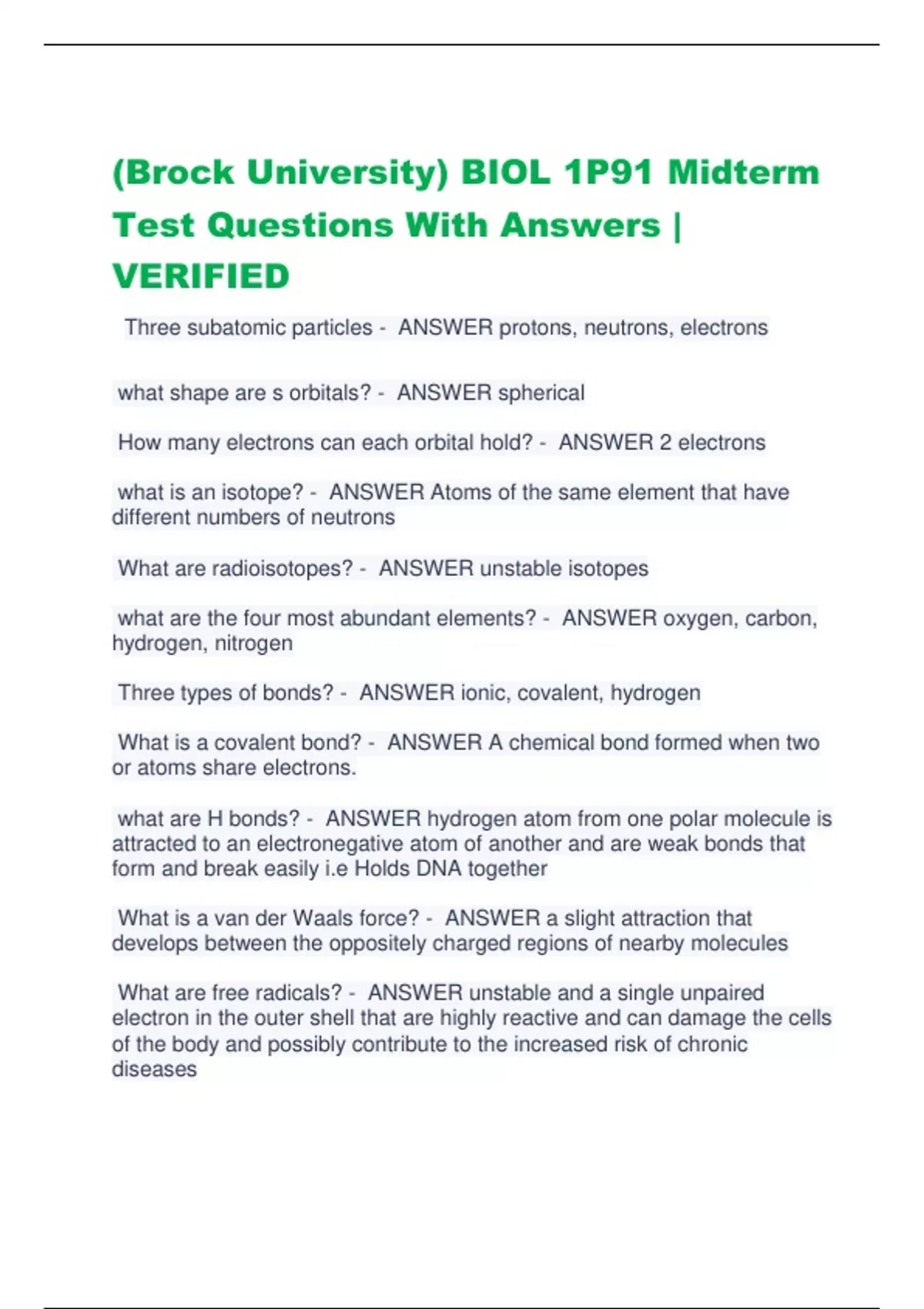 (Brock University) BIOL 1P91 Midterm Test Questions With Answers ...