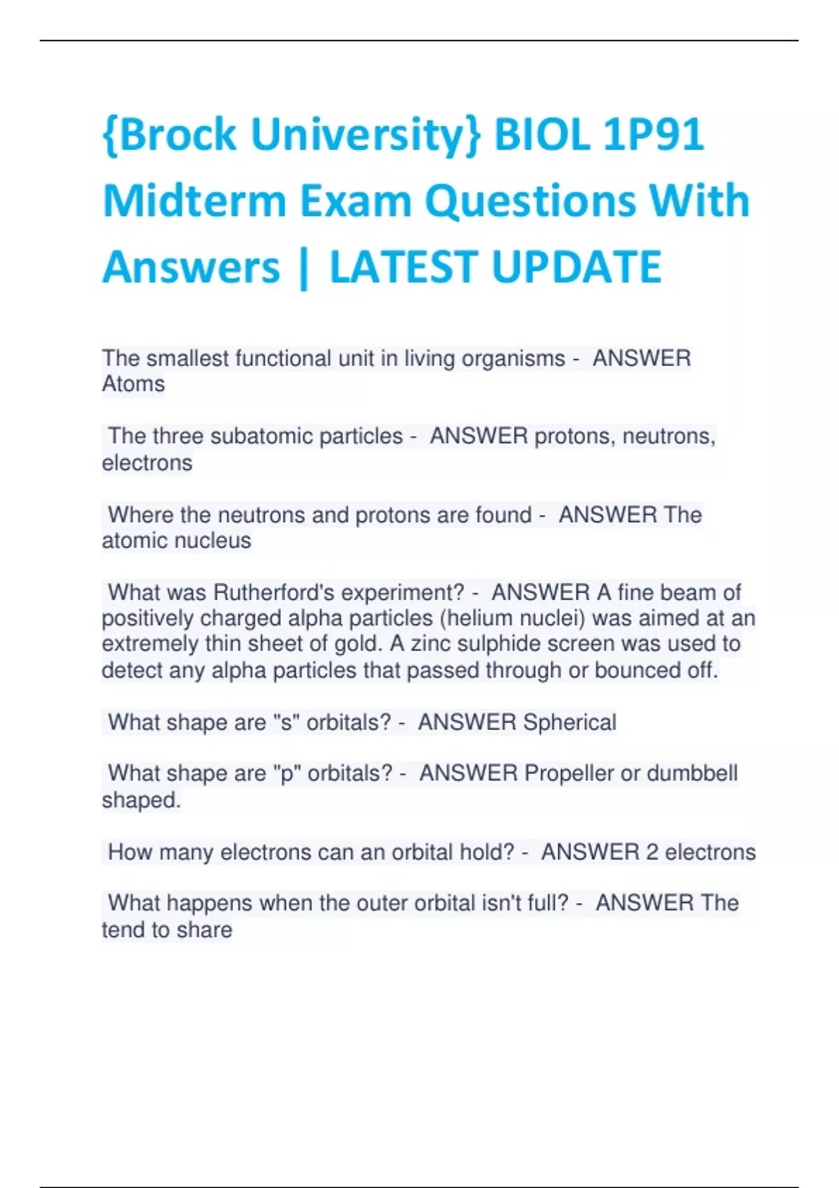 {Brock University} BIOL 1P91 Midterm Exam Questions With Answers ...