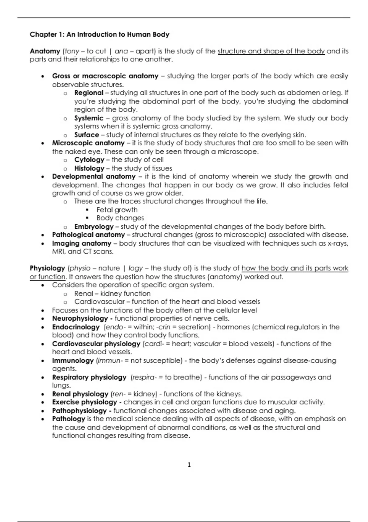 Class Notes (Summary) Chapter 1 An Introduction to Human Body I Anatomy ...