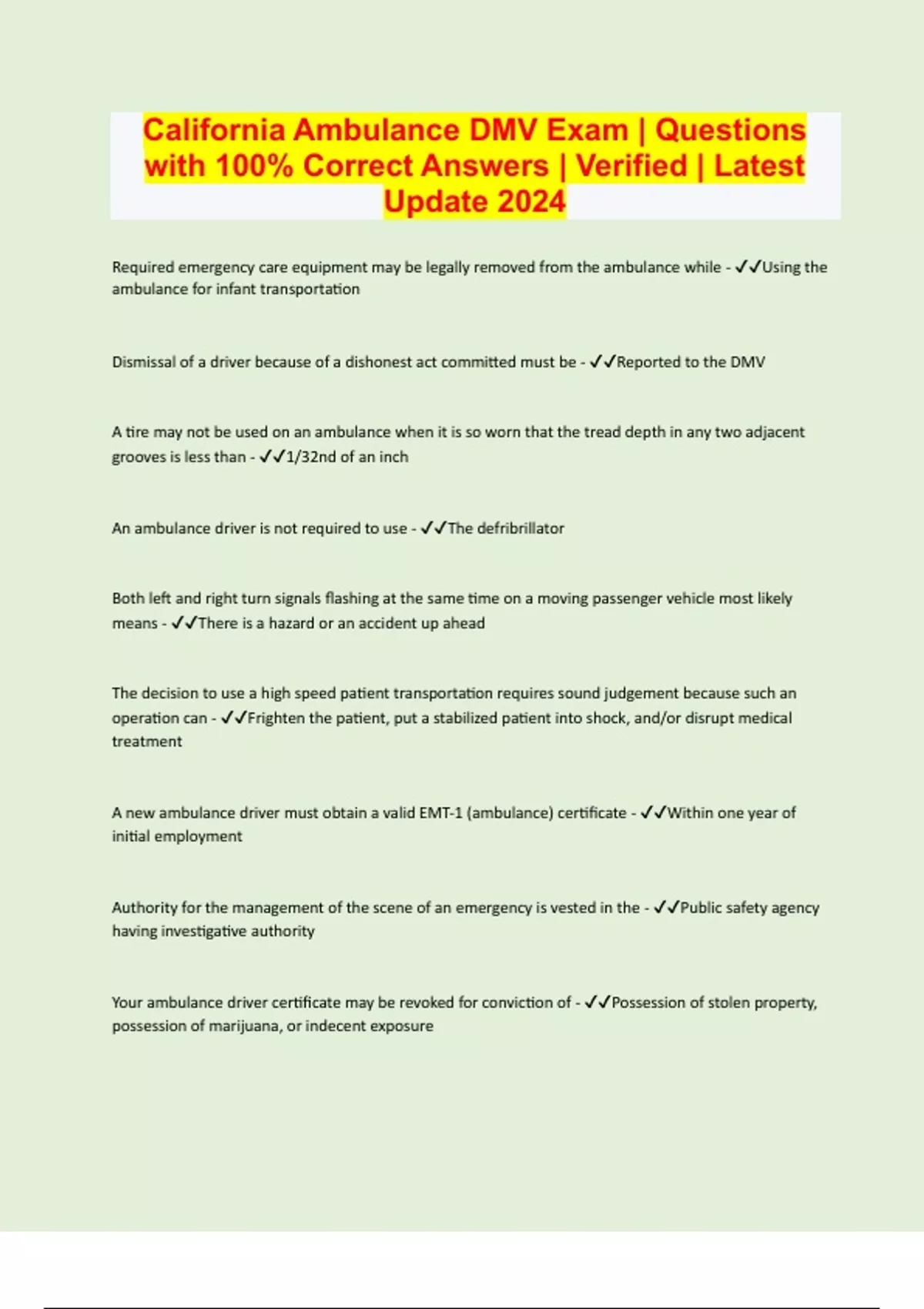 California Ambulance DMV Exam | Questions with 100% Correct Answers ...