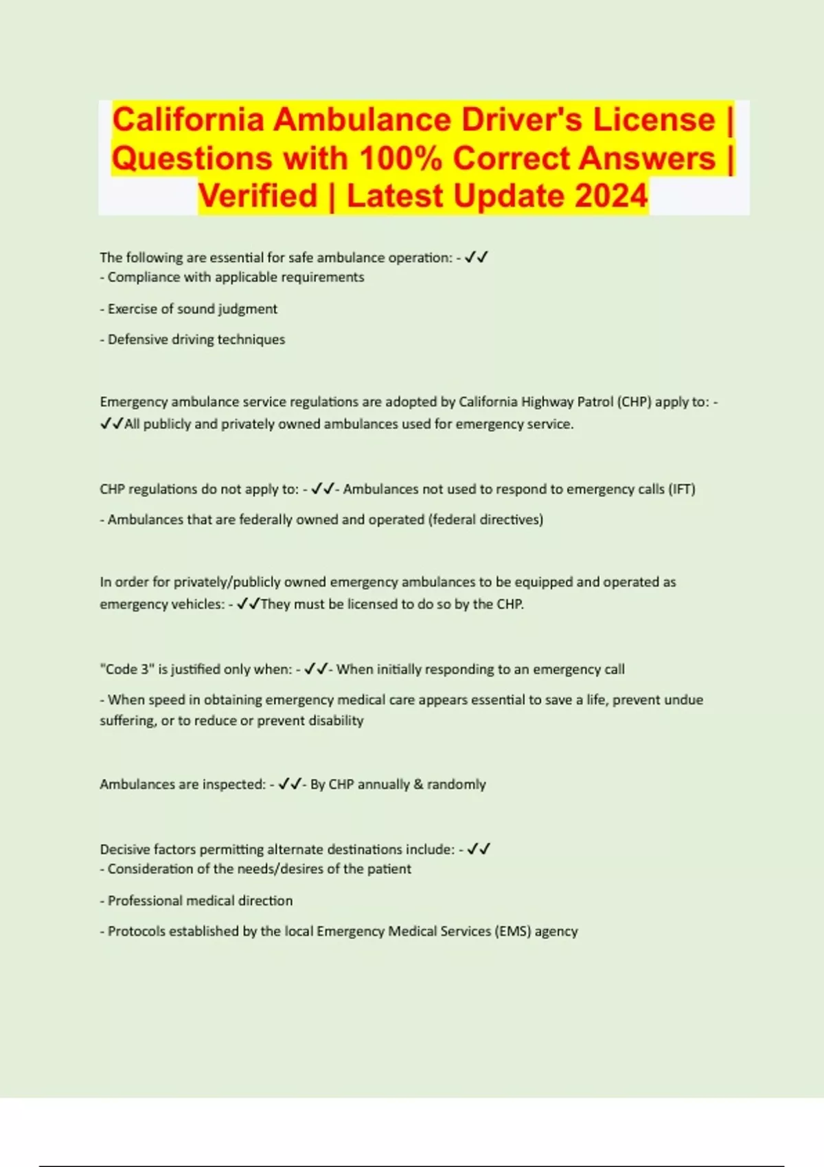 California Ambulance Driver's License | Questions with 100% Correct ...