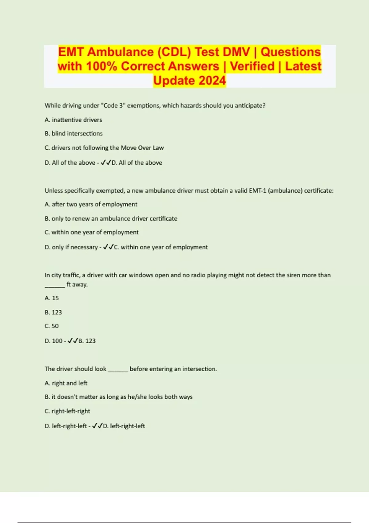 EMT Ambulance (CDL) Test DMV | Questions with 100% Correct Answers ...