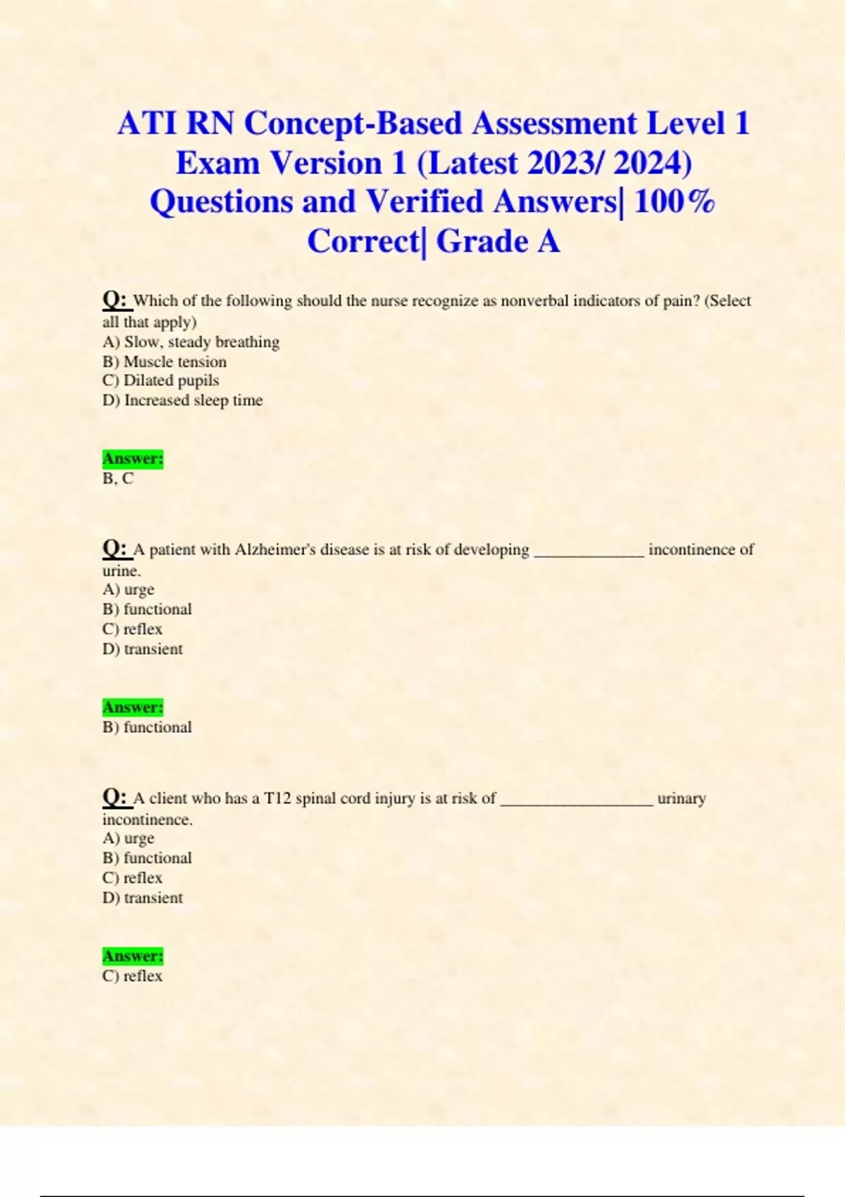 ATI RN Concept-Based Assessment Level 1 Exam Version 2 (Latest 2023/ ...
