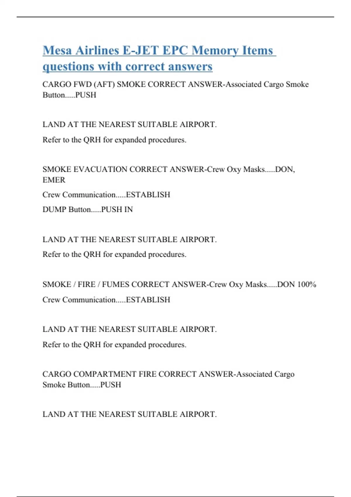 Mesa Airlines E-JET EPC Memory Items questions with correct answers - Mesa Airlines - Stuvia US