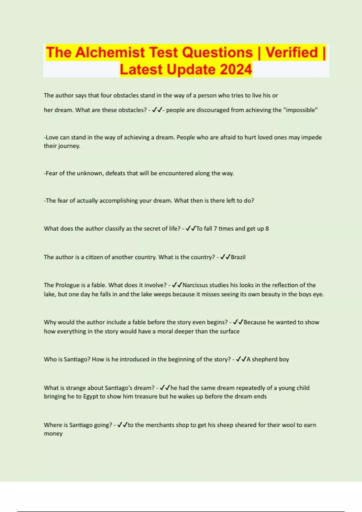 The Alchemist Test Questions | Verified | Latest Update 2024 - The ...